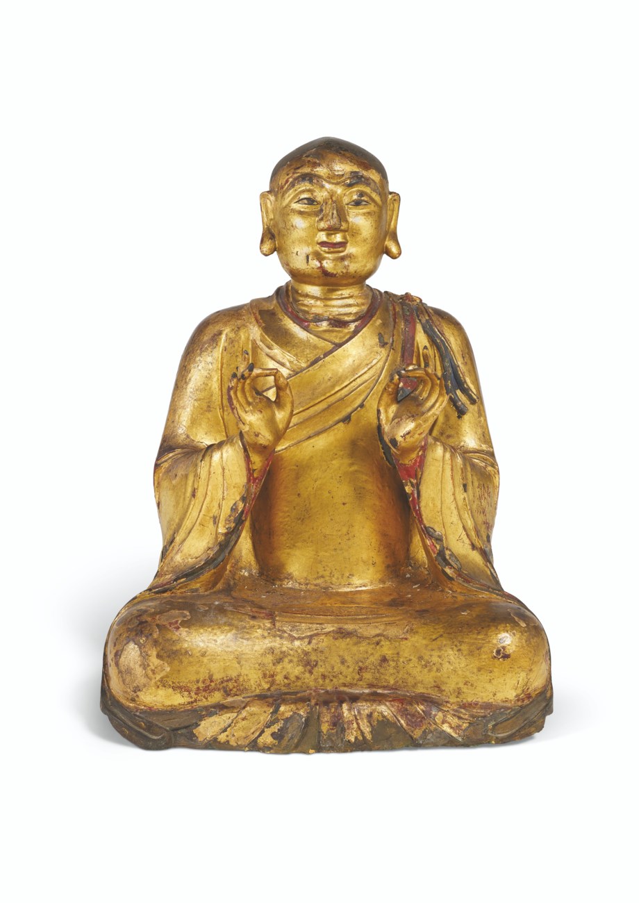 STATUE DE LUOHAN EN BRONZE LAQUE OR, CHINE, DEBUT DE LA DYNASTIE MING ...