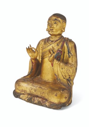 STATUE DE LUOHAN EN BRONZE LAQUE OR, CHINE, DEBUT DE LA DYNASTIE MING ...