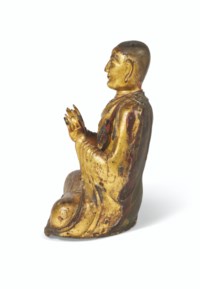 STATUE DE LUOHAN EN BRONZE LAQUE OR, CHINE, DEBUT DE LA DYNASTIE MING ...