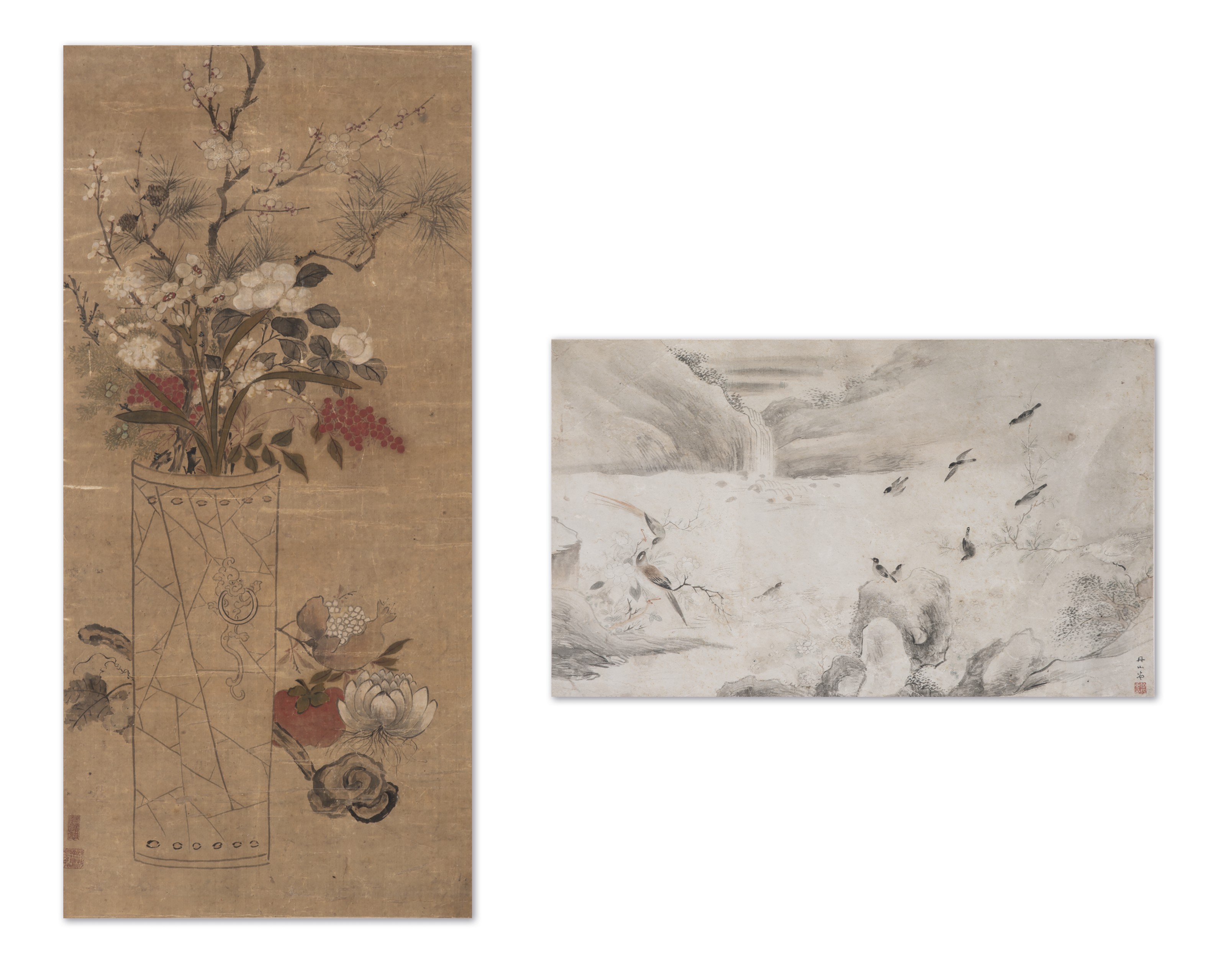 HE CHONG (1808-1884) OISEAUX ET PAYSAGE, ENCRE ET COULEUR SUR ...