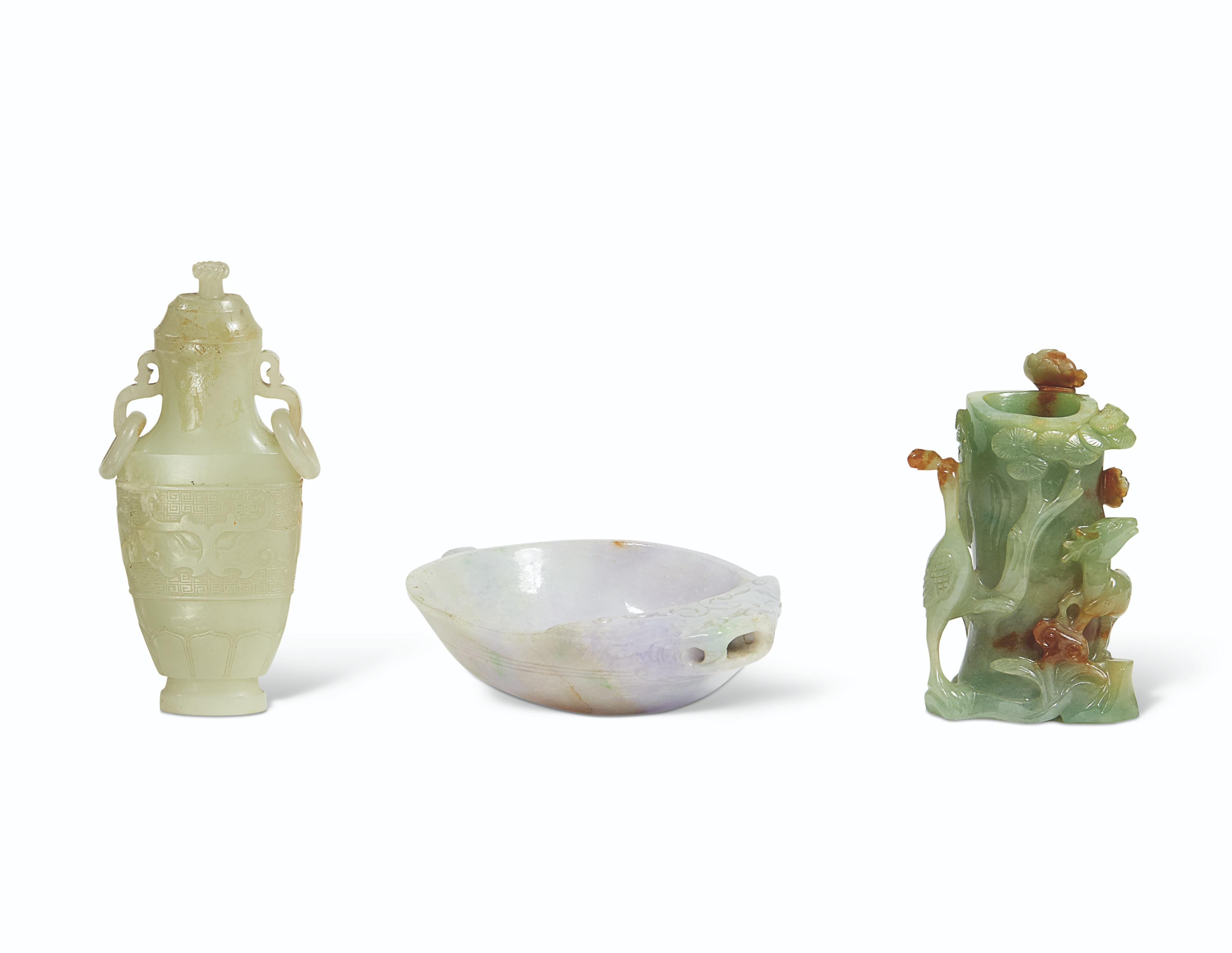 A SMALL PALE CELADON JADE VASE AND COVER, A SMALL JADEITE BRUSH POT AND ...