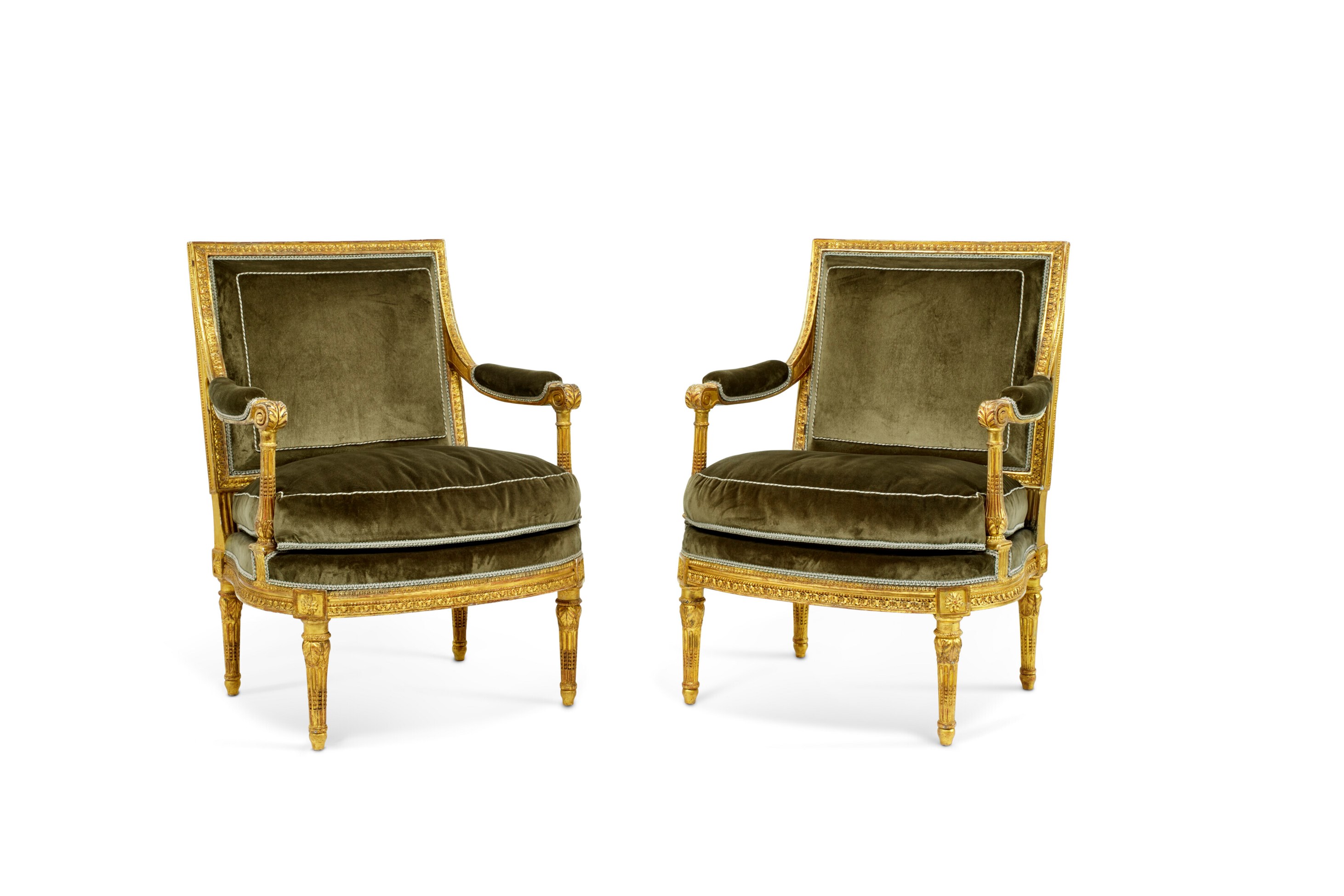 A PAIR OF ROYAL LOUIS XVI GILTWOOD FAUTEUILS