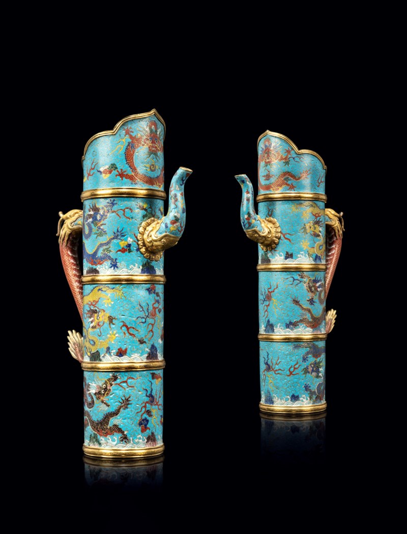 A MAGNIFICENT PAIR OF CHINESE CLOISONNE ENAMEL AND GILT-COPPER TIBETAN ...
