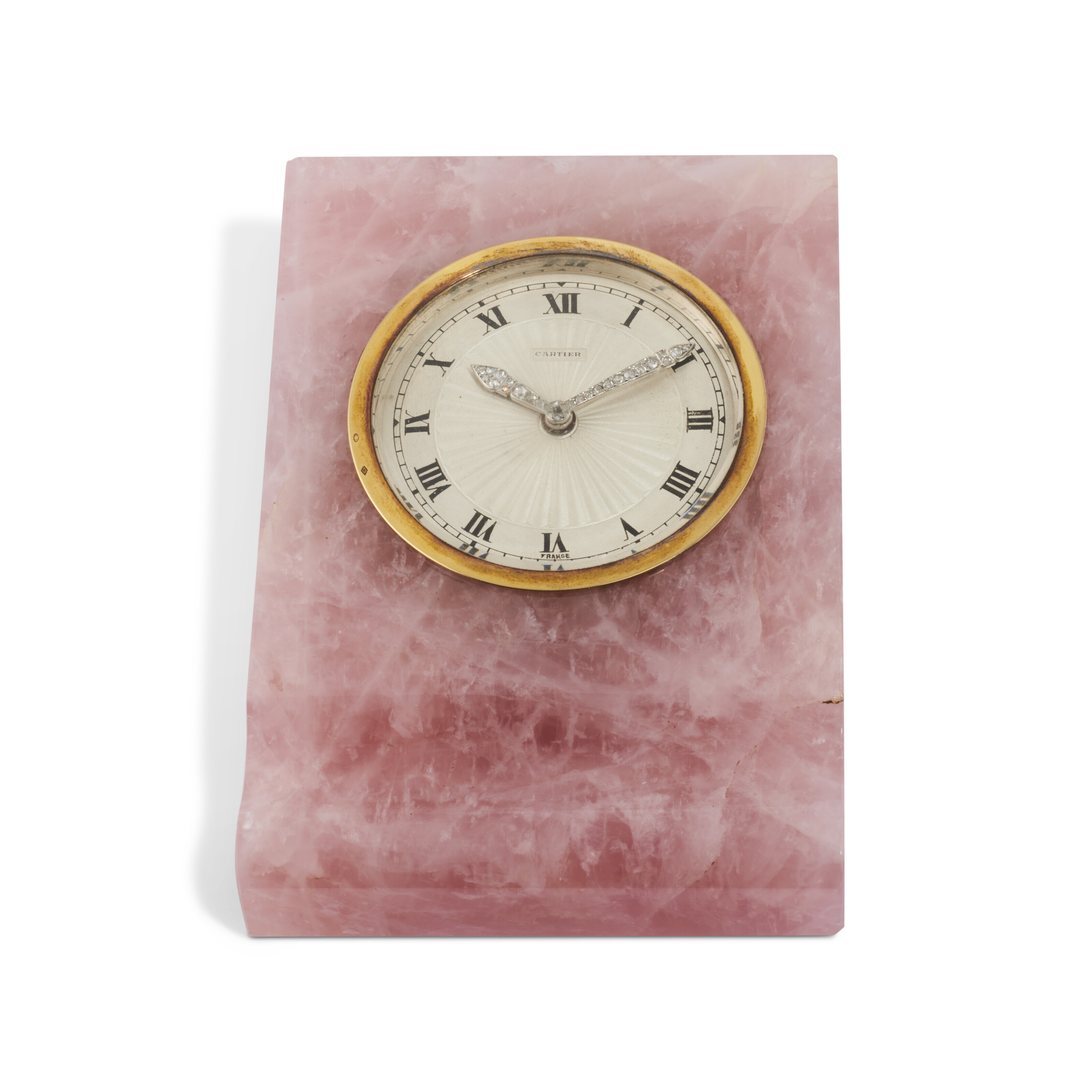 CARTIER ART DECO ROSE QUARTZ AND DIAMOND DESK CLOCK, | Christie’s