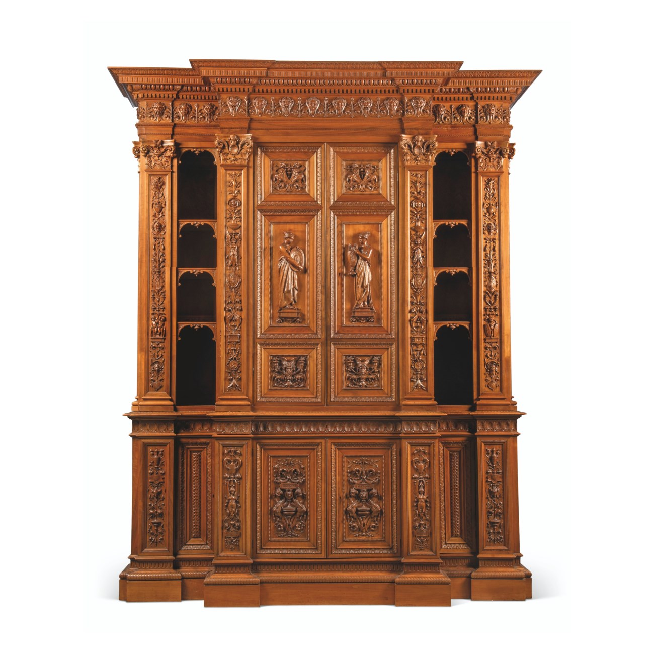 AN ITALIAN RENAISSANCE-REVIVAL FRUITWOOD AND WALNUT LARGE BOOKCASE ...