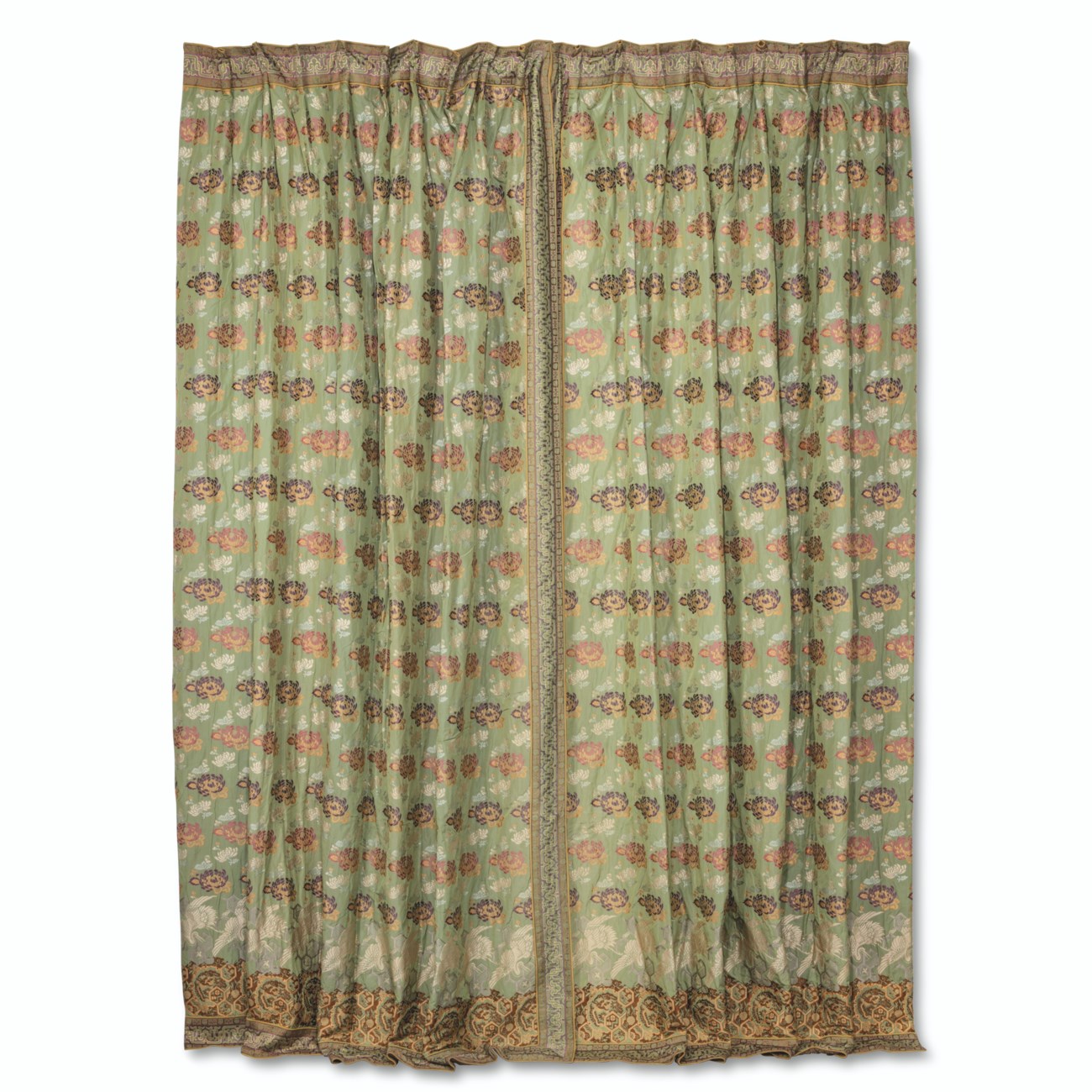 TWO PAIRS OF JAPONISANT DOUBLE-SIDED AND LINED GREEN SILK PLEATED ...