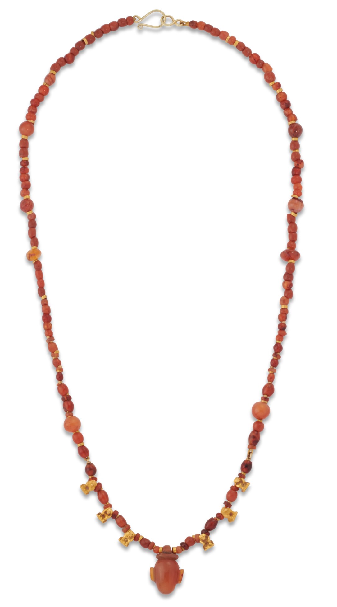 AN EGYPTIAN CARNELIAN AND GOLD BEAD NECKLACE WITH A CARNELIAN 'IB ...