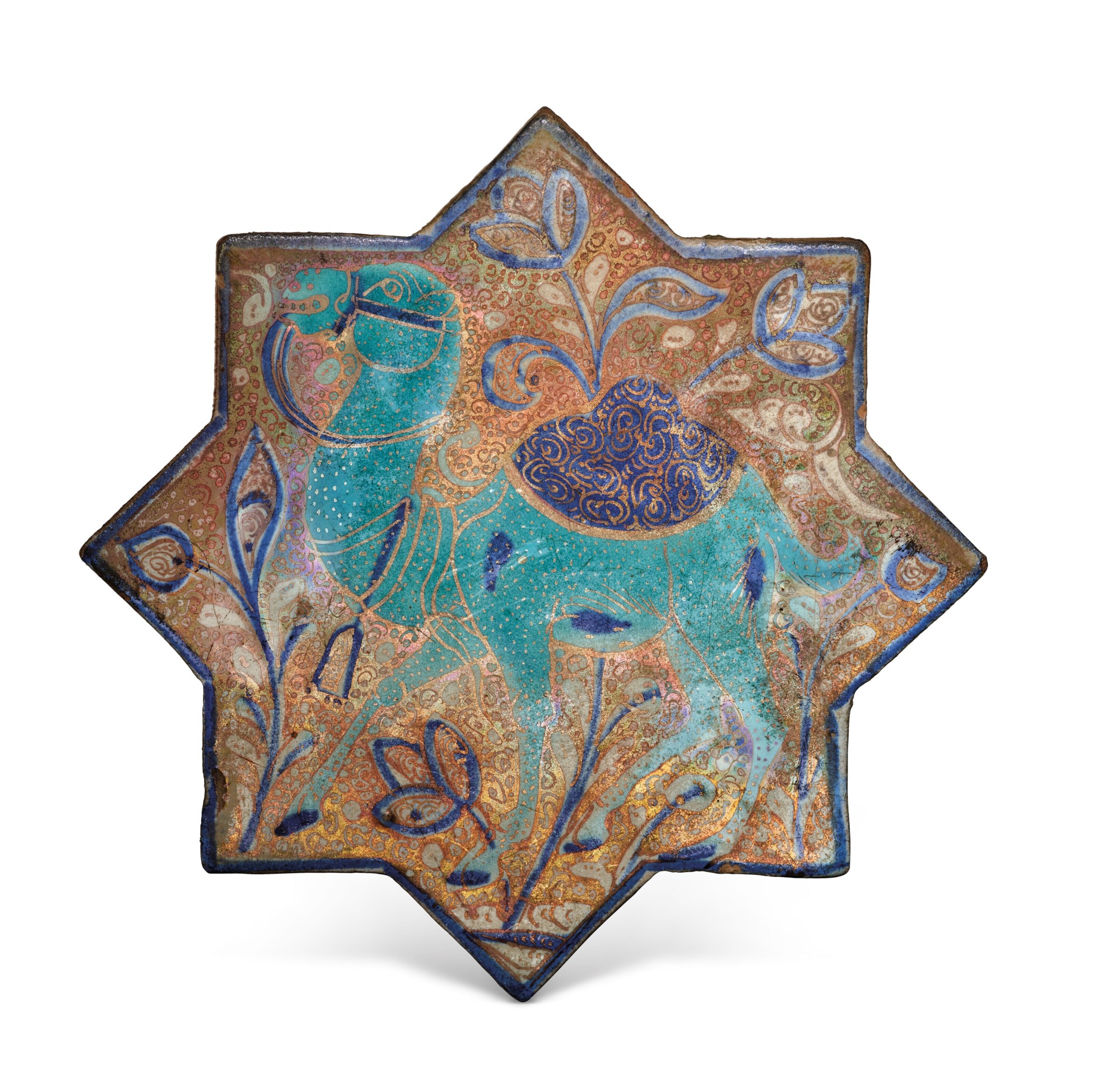A KASHAN LUSTRE, TURQUOISE AND COBALT-BLUE STAR TILE