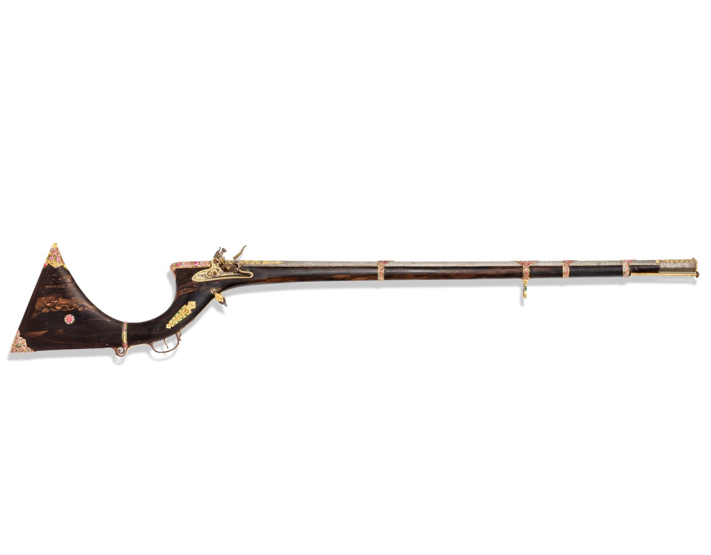 A MAGNIFICENT ENAMELLED FLINTLOCK GUN (JEZAIL), MADE FOR MIR' ALI MURAD ...