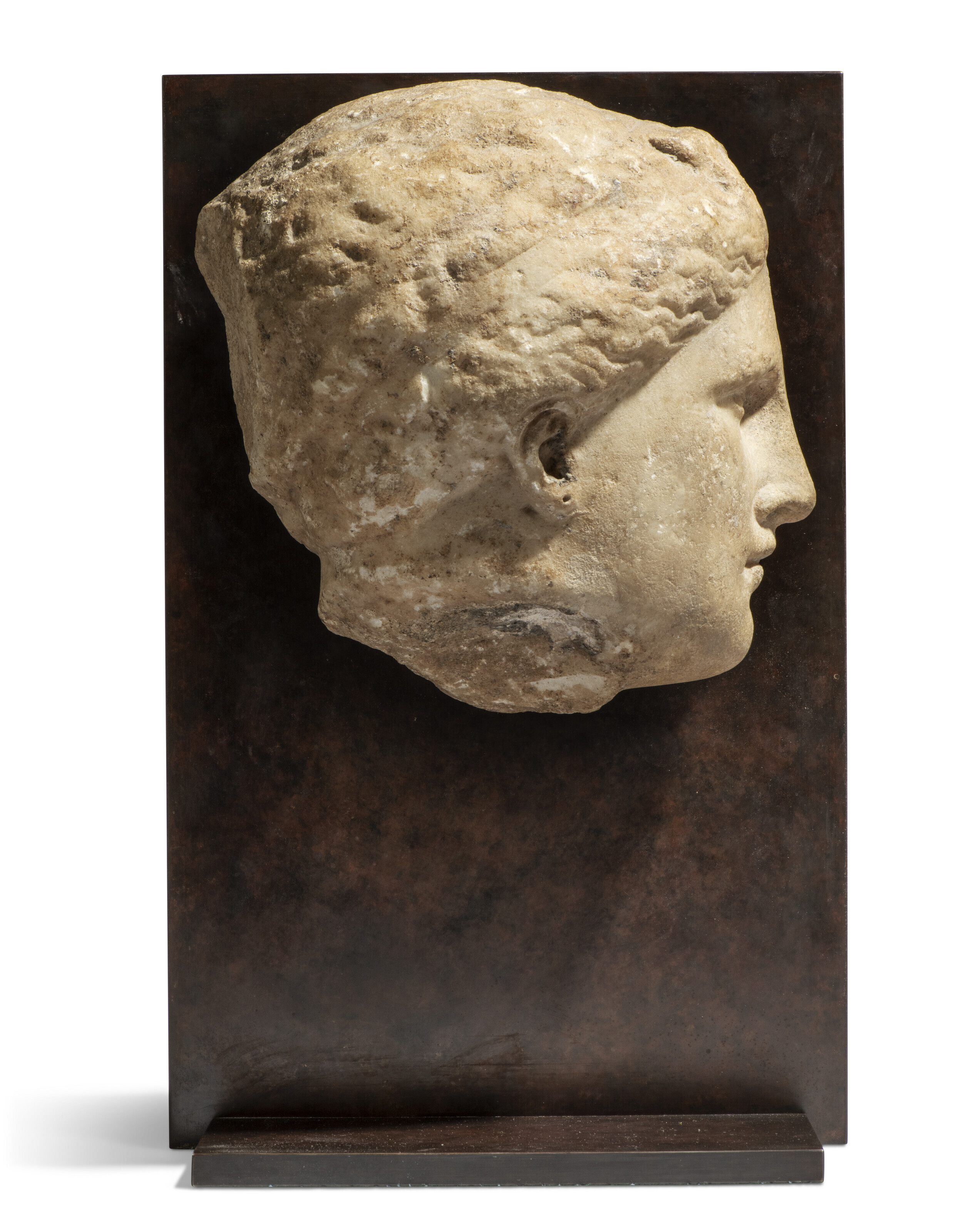 A GREEK MARBLE HEAD OF A WOMAN, CLASSICAL PERIOD, CIRCA 4TH CENTURY B.C ...