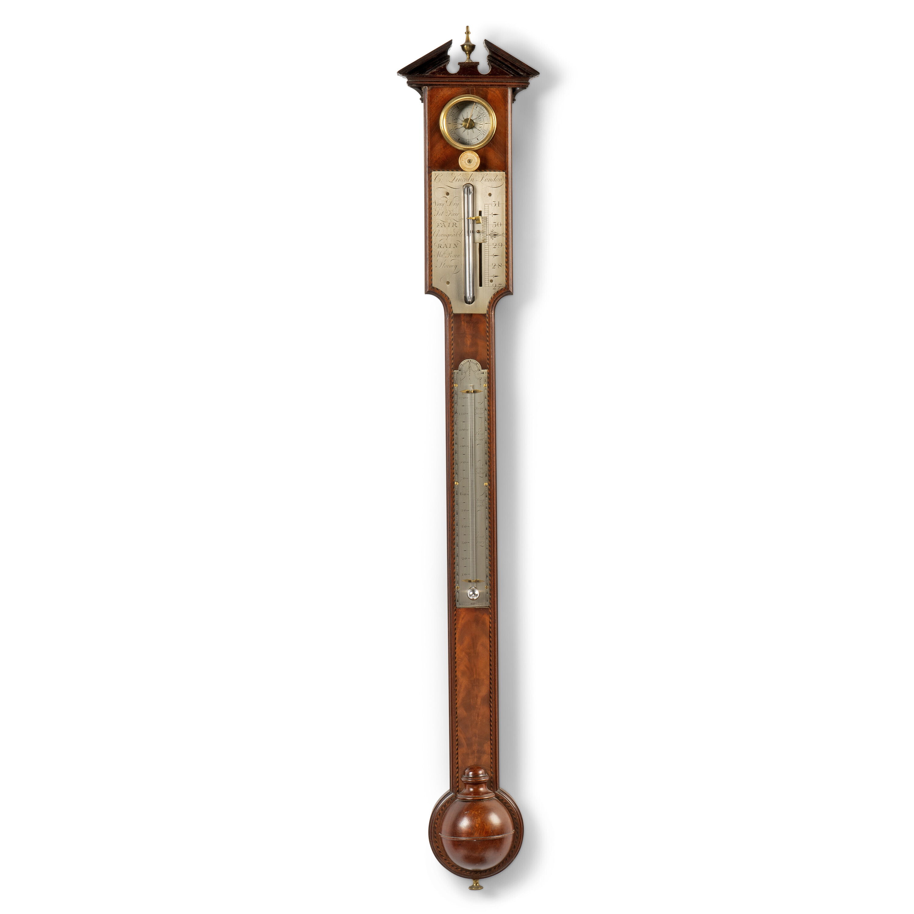 A GEORGE III MAHOGANY, BRASS AND STEEL STICK BAROMETER, CHARLES LINCOLN ...