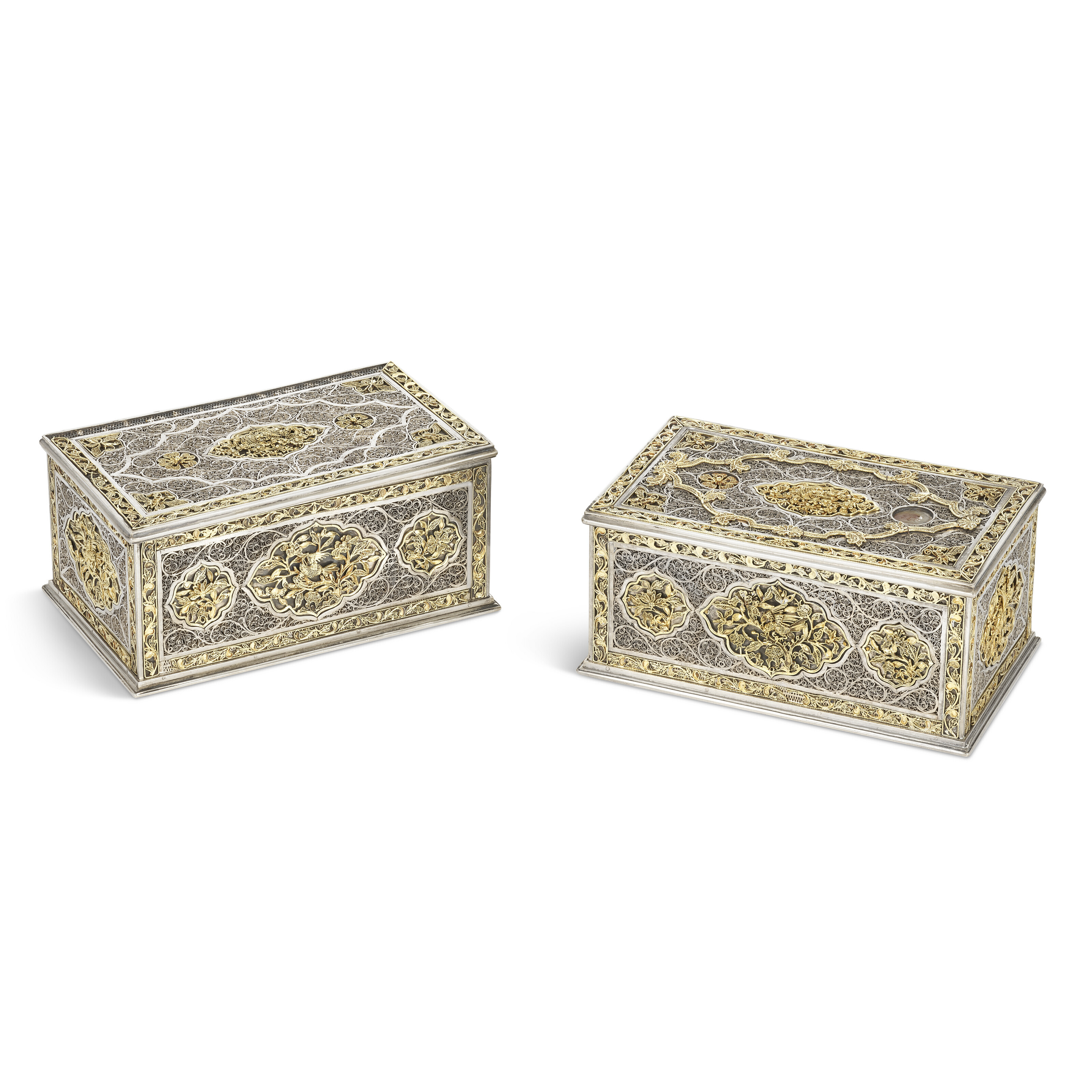 A MATCHED PAIR OF CHINESE EXPORT PARCEL-GILT SILVER FILIGREE CASKETS ...