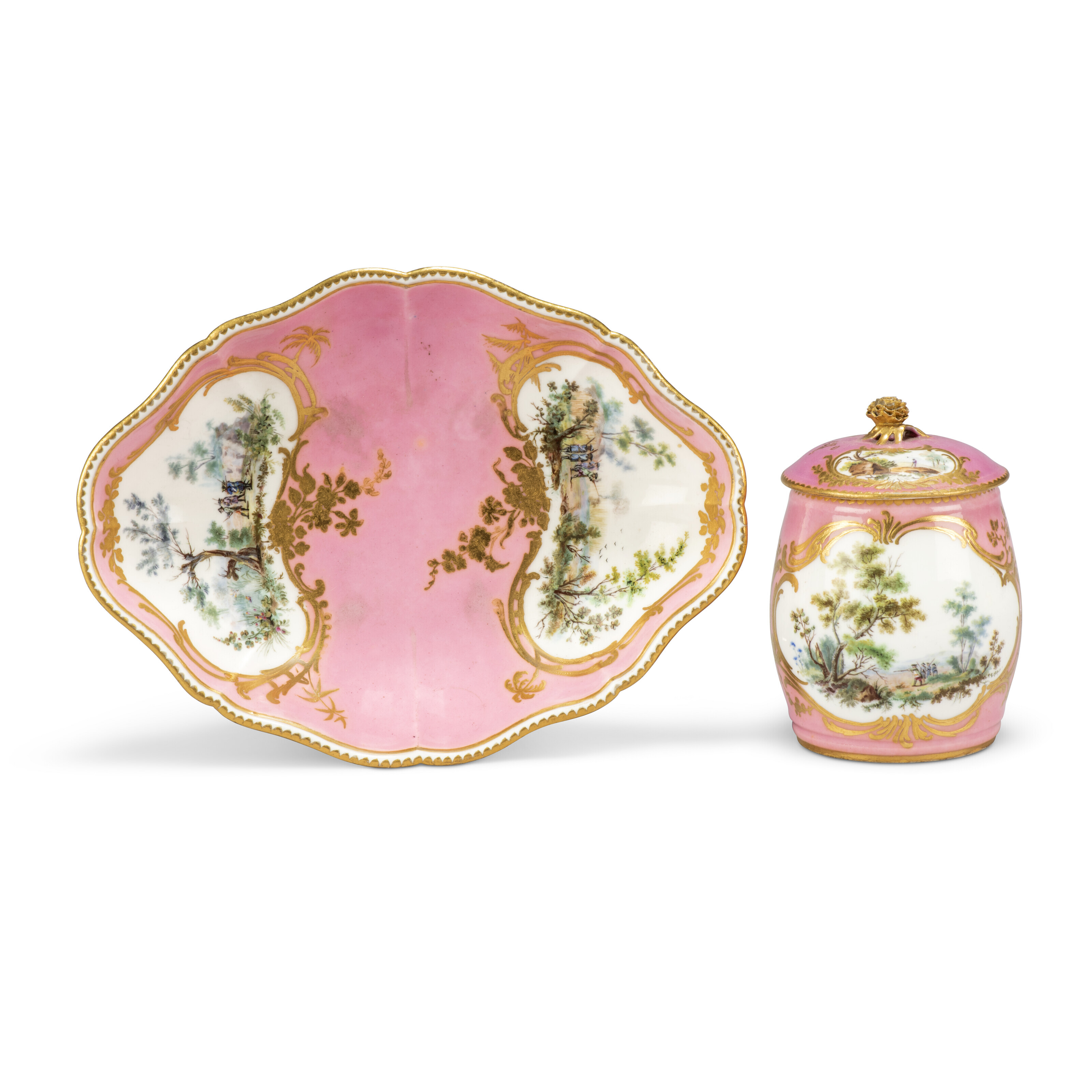 A SEVRES PORCELAIN PINK-GROUND MUSTARD-POT, COVER AND STAND FROM THE ...
