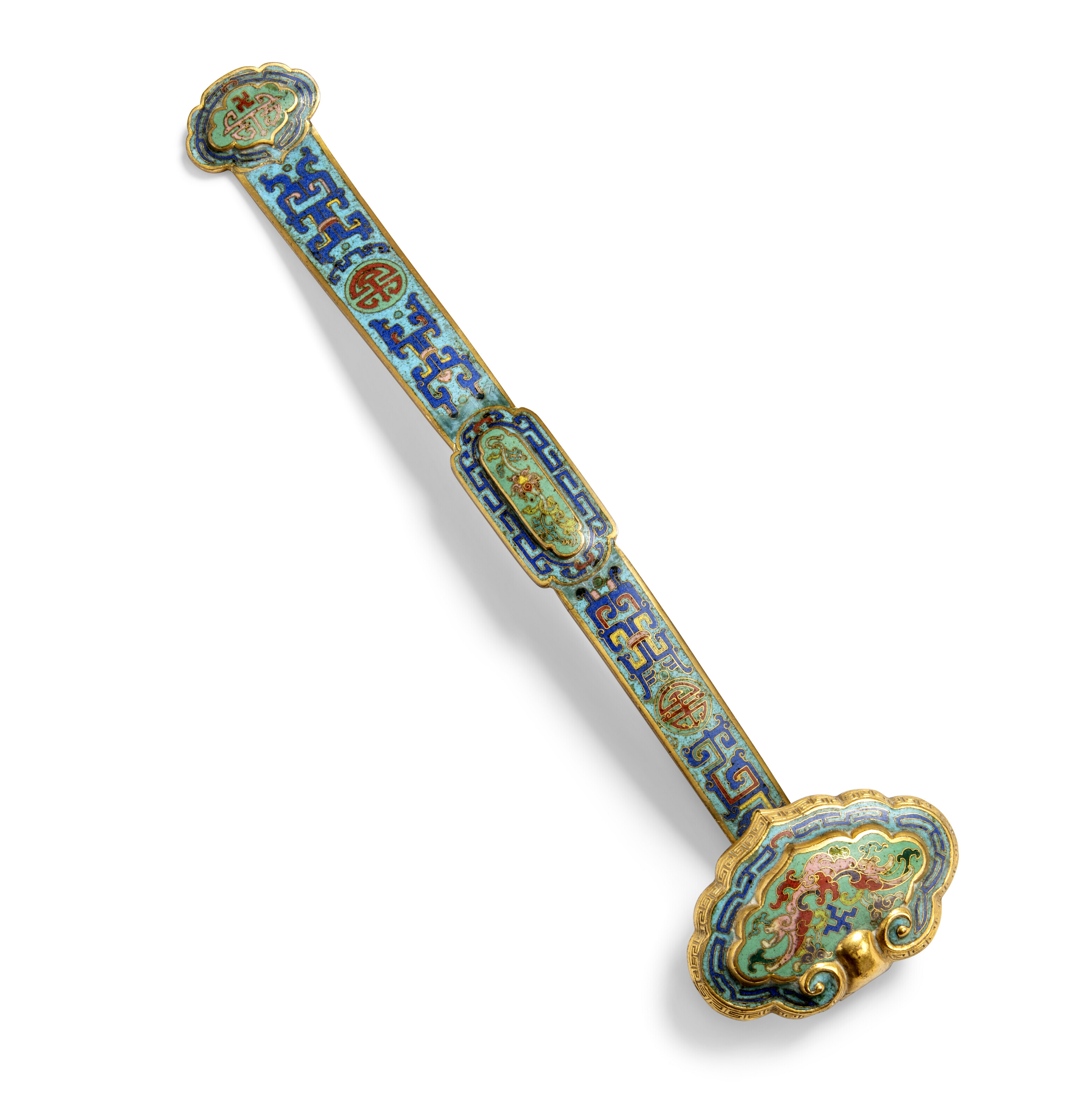 A CHINESE CLOISONNE ENAMEL AND GILT-BRONZE RUYI SCEPTRE, QIANLONG ...