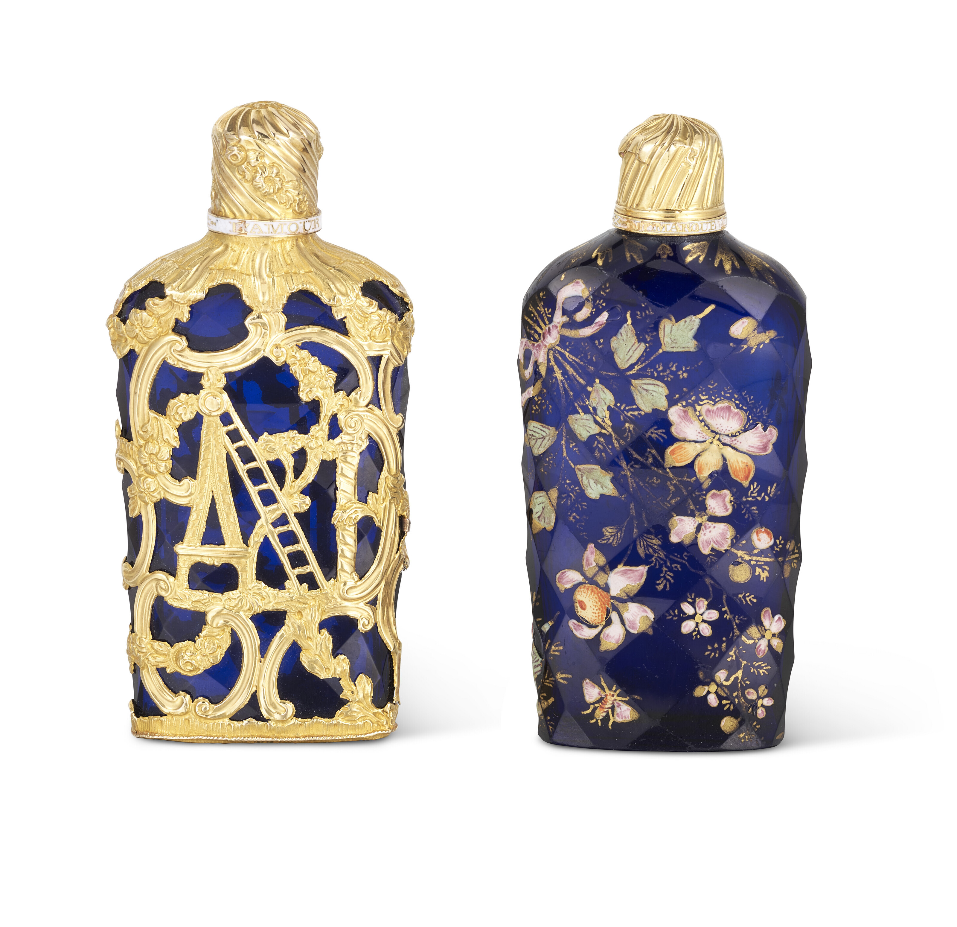 TWO GEORGE III GOLD-MOUNTED GLASS SCENT BOTTLES, CIRCA 1765, ONE ...
