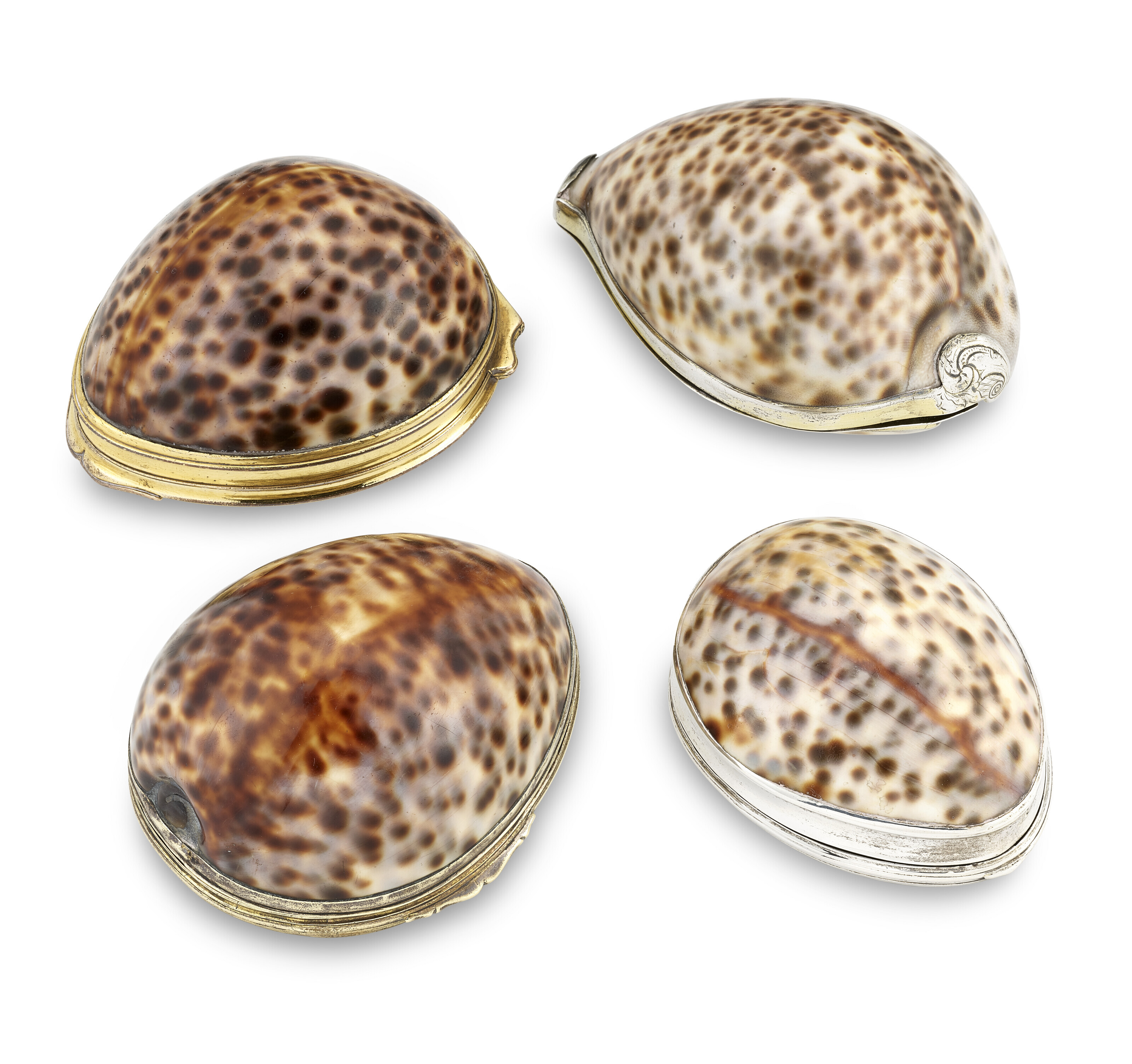 FOUR SILVER, SILVER-GILT AND GILT-METAL COWRIE SHELL SNUFF-BOXES, ONE ...