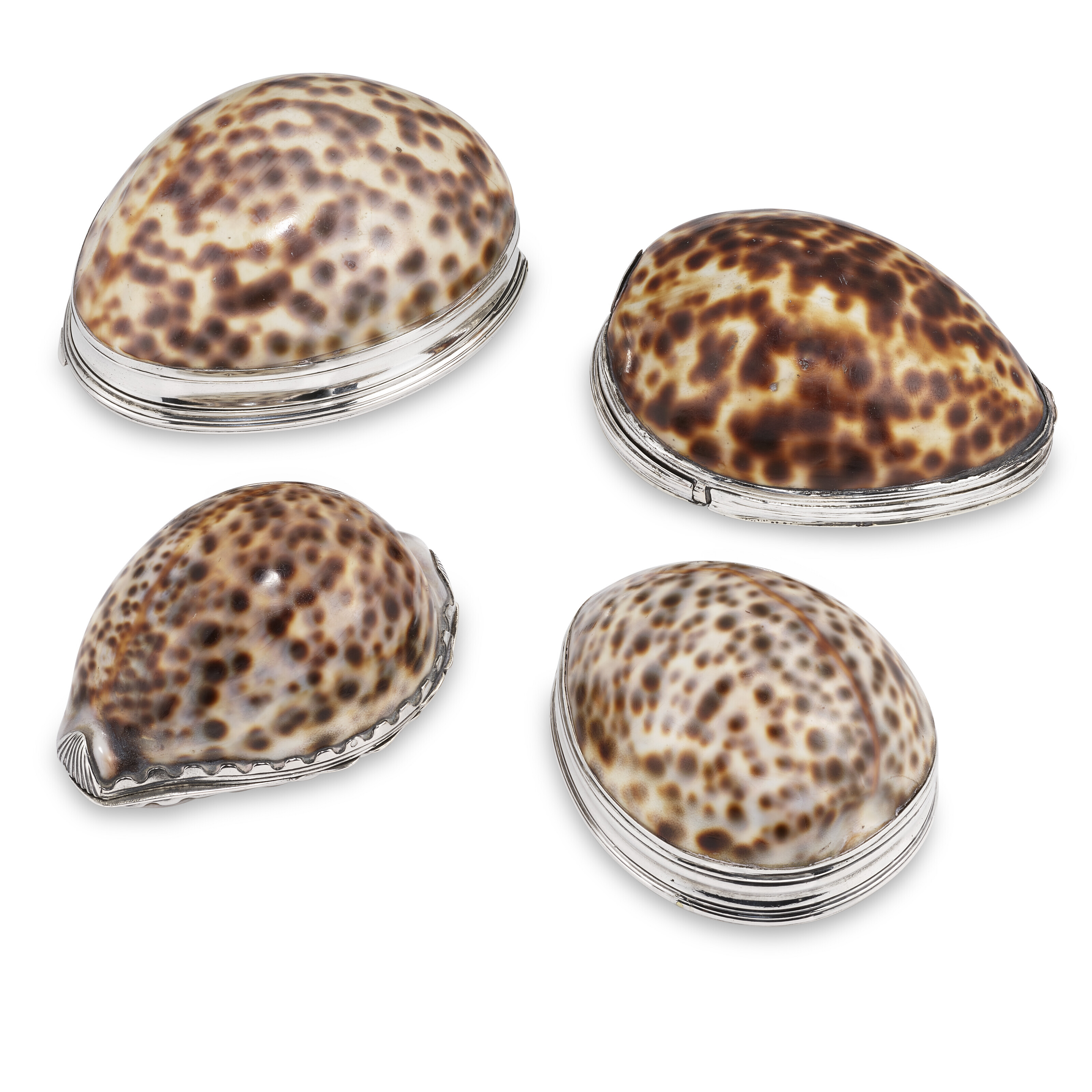 FOUR GEORGIAN SILVER AND SILVER-PLATED MOUNTED COWRIE SHELL SNUFF-BOXES ...