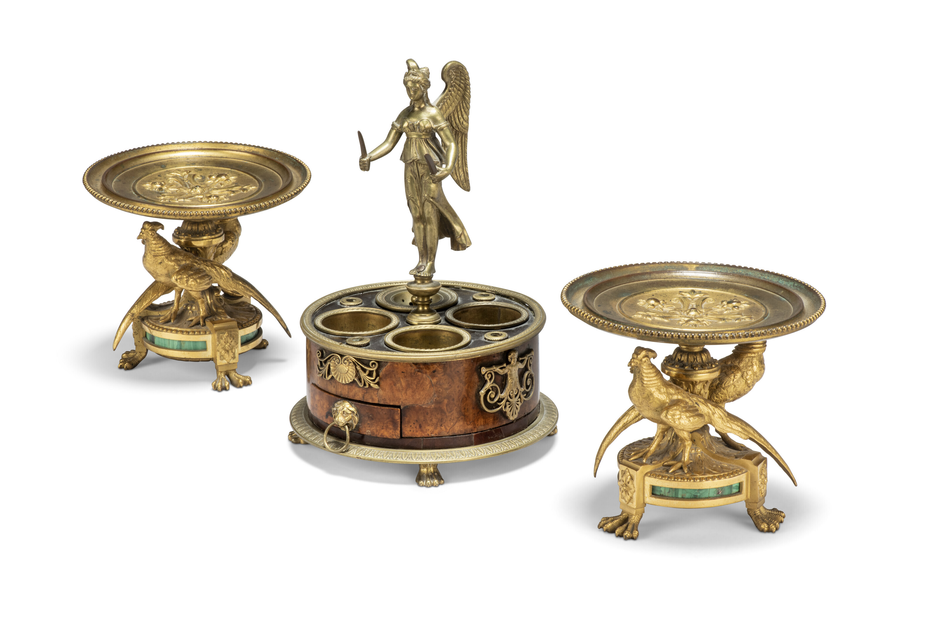 AN EMPIRE ORMOLU, BURR-WALNUT AND EBONISED ENCRIER TOGETHER WITH A PAIR ...