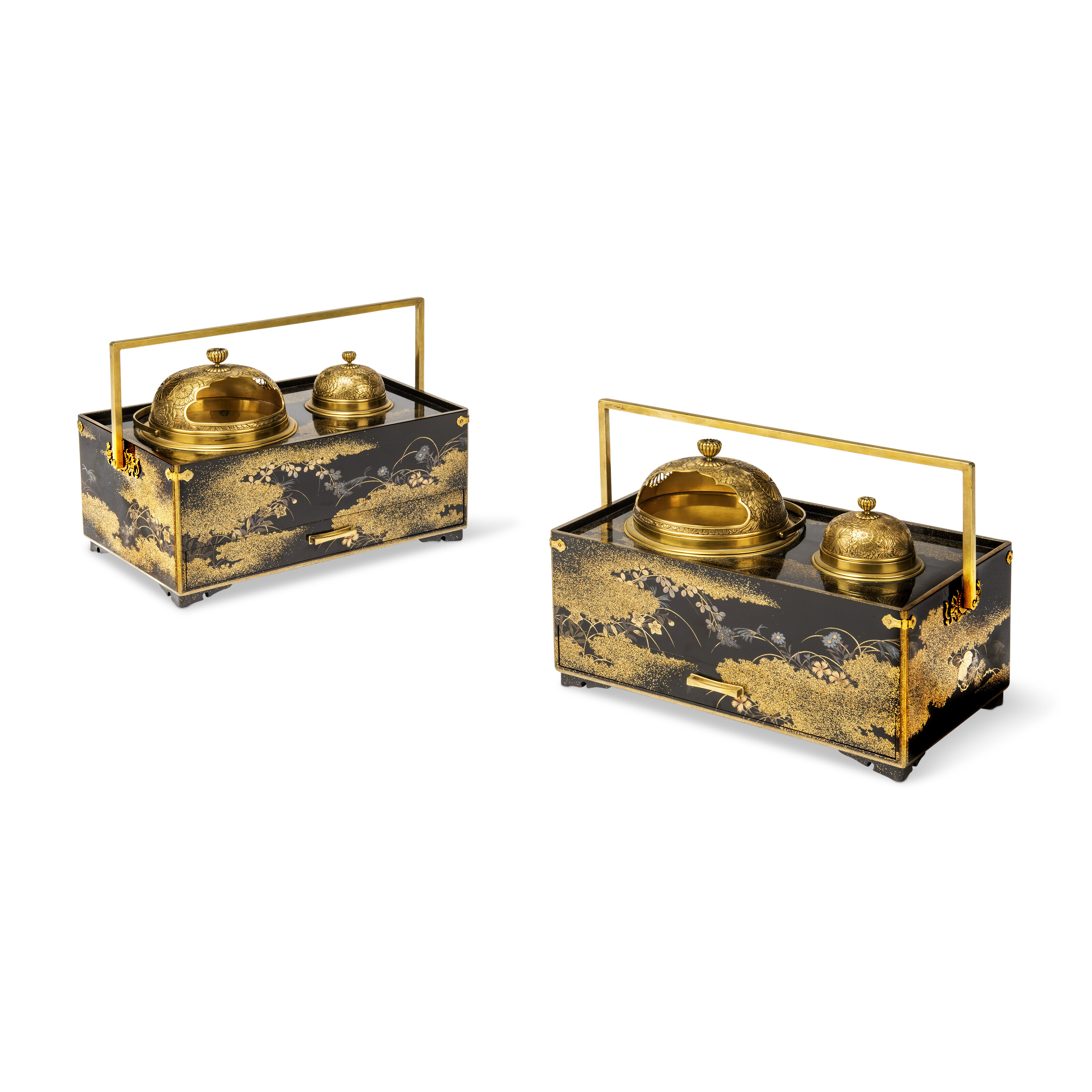 A PAIR OF JAPANESE LACQUER PORTABLE SMOKING SETS (TABAKO-BON), MEIJI ...
