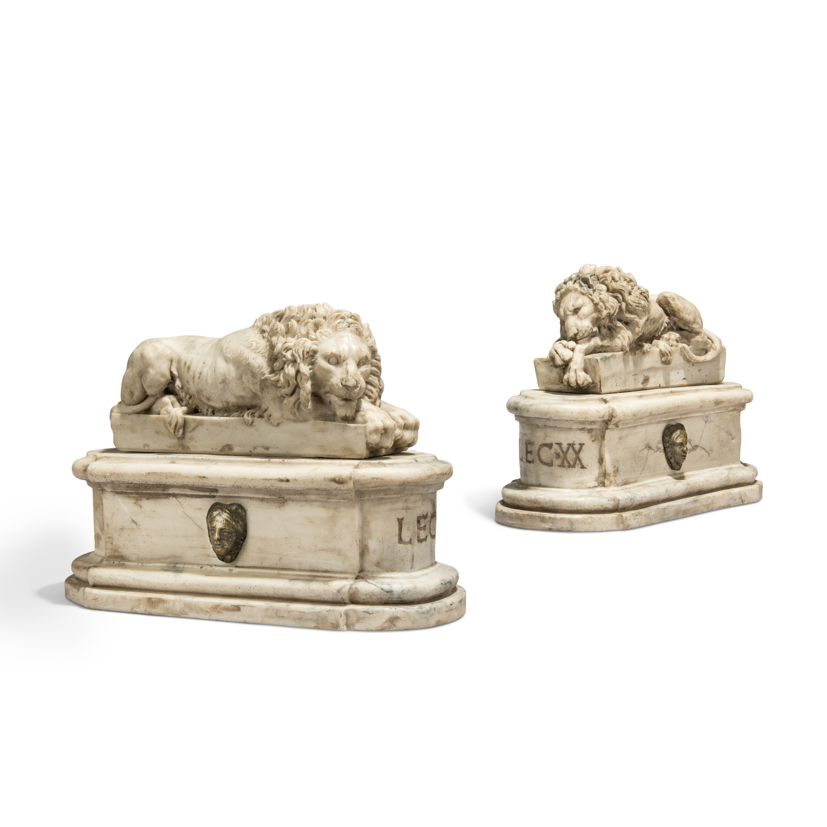 A PAIR OF ITALIAN ALABASTER RECUMBENT LIONS, AFTER ANTONIO CANOVA (1757 ...