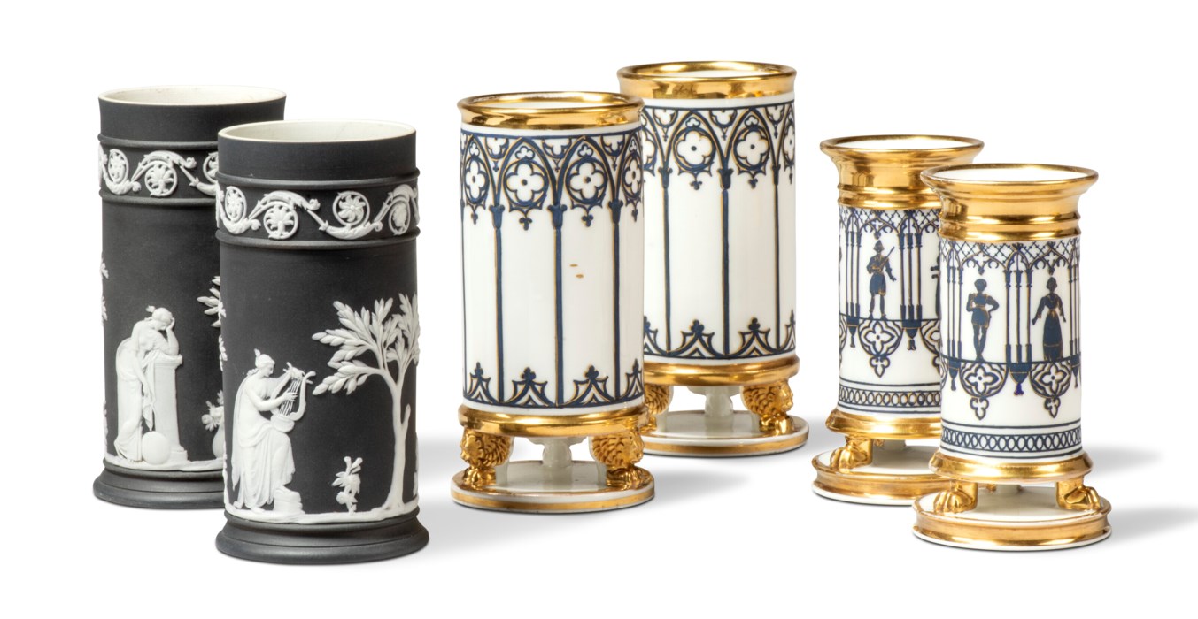 A PAIR OF WEDGWOOD BLACK JASPERWARE SPILL-VASES AND TWO PAIRS OF PARIS ...