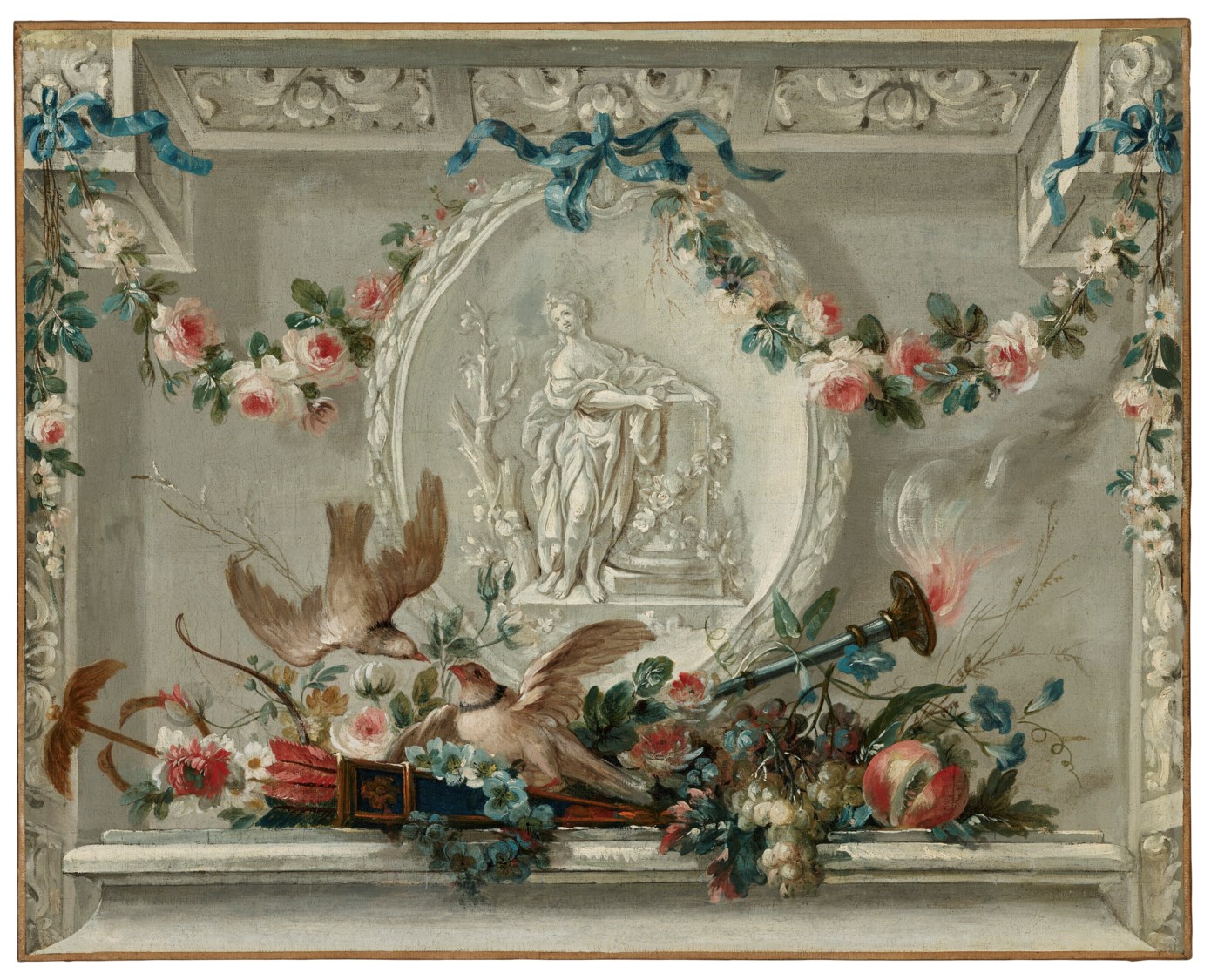 CIRCLE OF JEAN-BAPTISTE HUET (PARIS 1745-1811), A trompe l'oeil overdoor of Flora with turtle ...