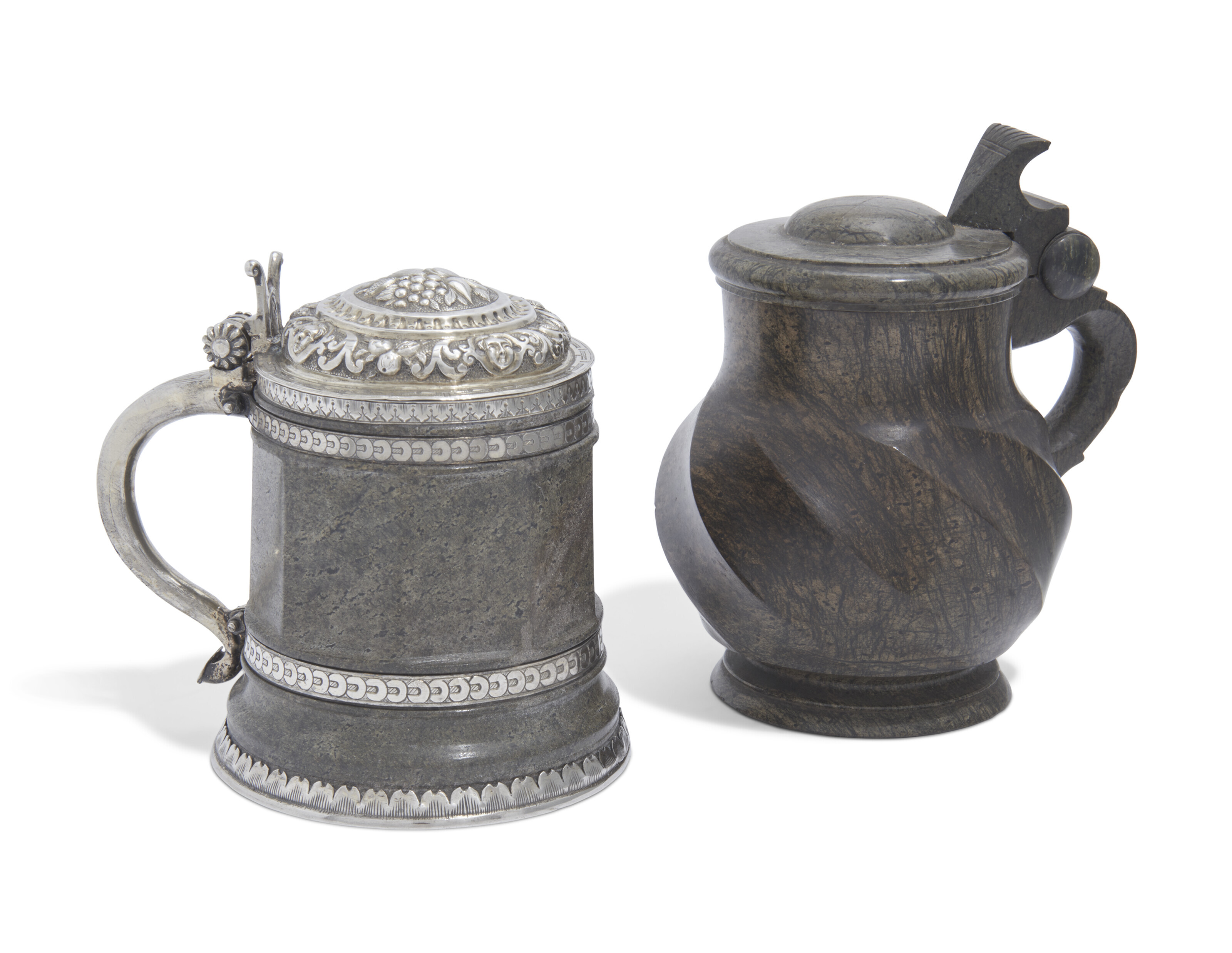 TWO GERMAN SILVER-MOUNTED SERPENTINE TANKARDS, PROBABLY18TH CENTURY ...