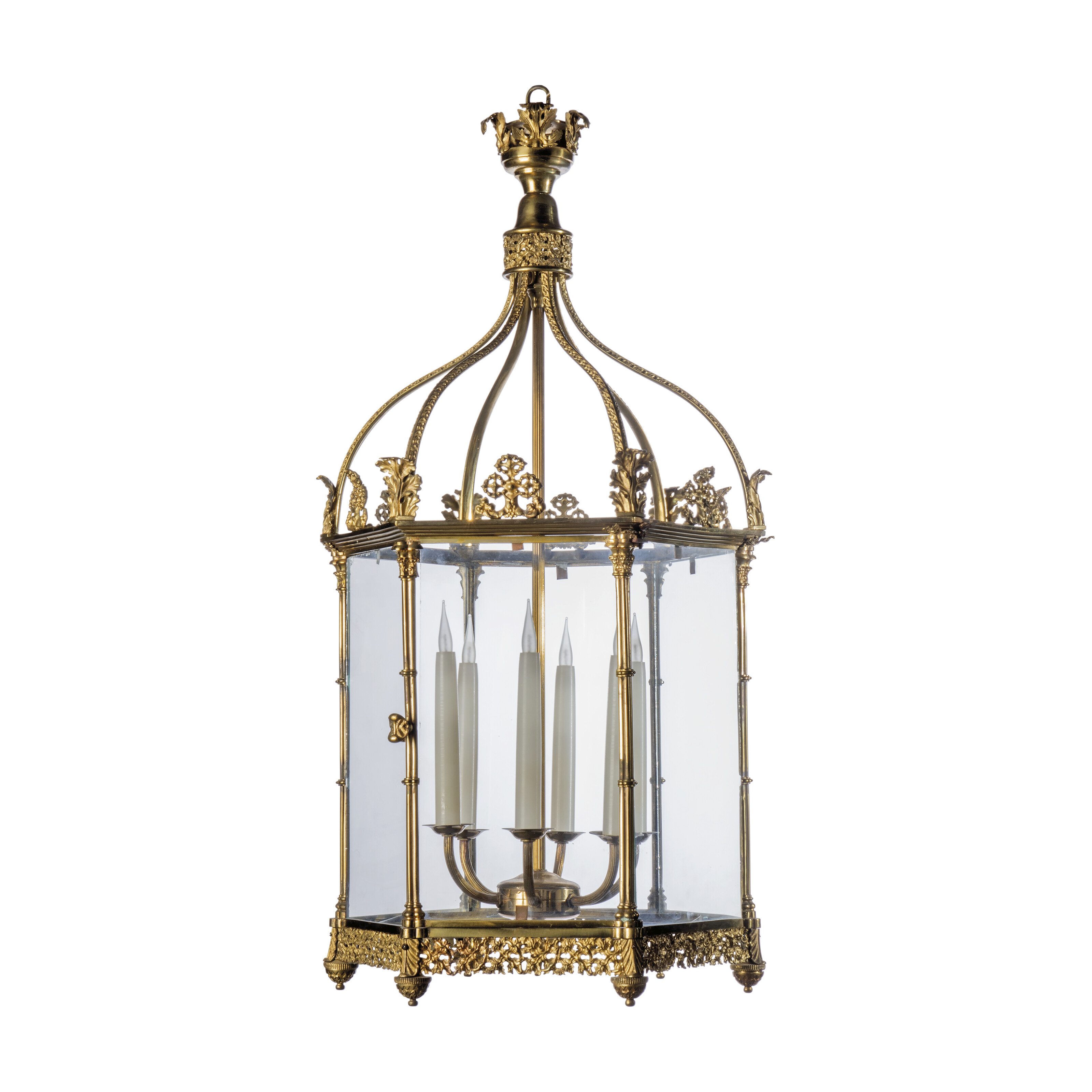 A VICTORIAN LACQUERED-BRASS HEXAGONAL HALL LANTERN, OF REGENCY STYLE ...