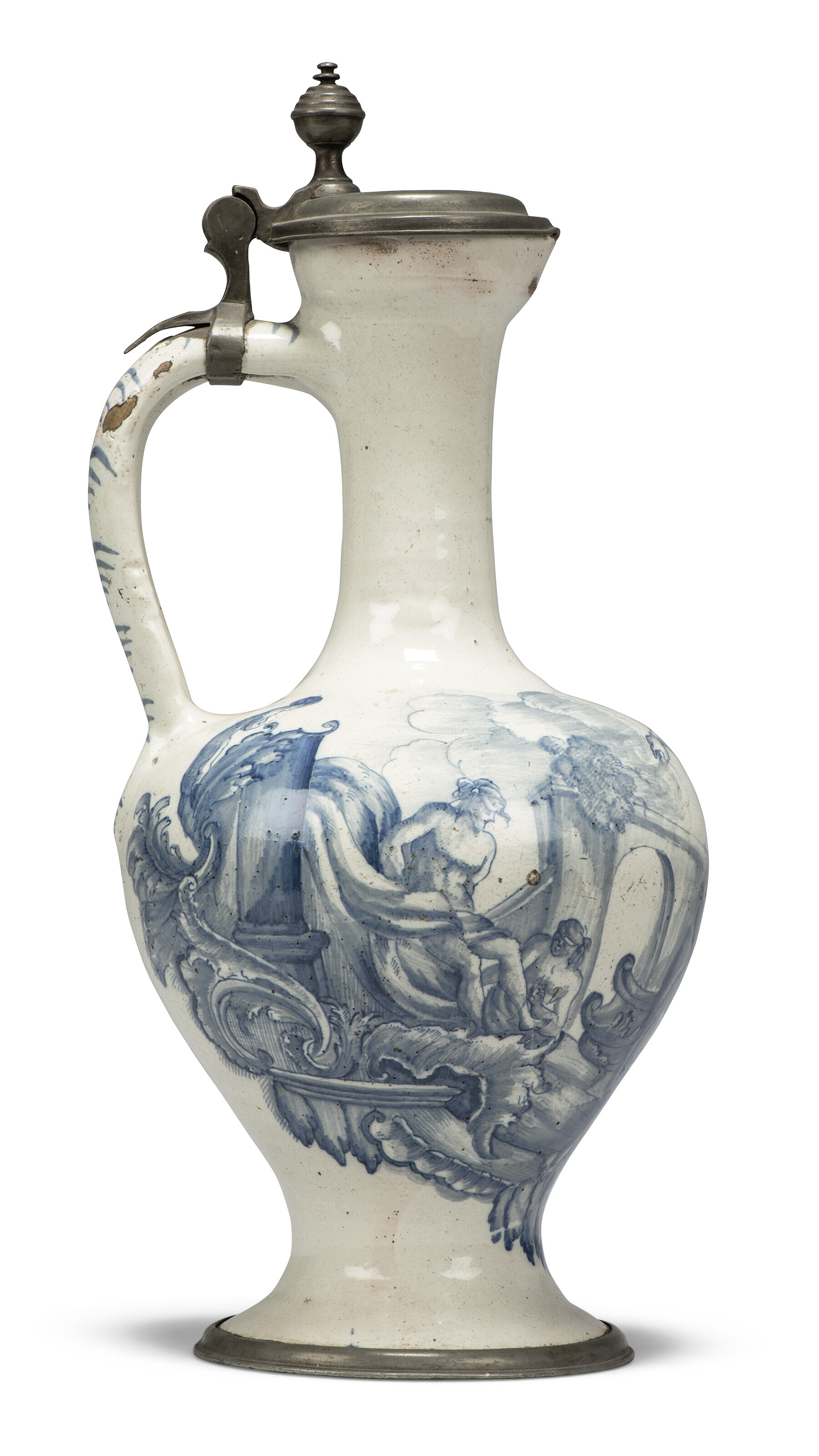 A PEWTER-MOUNTED GÖGGINGEN FAYENCE ENGHALSKRUG AND COVER, 1748-52, BLUE ...