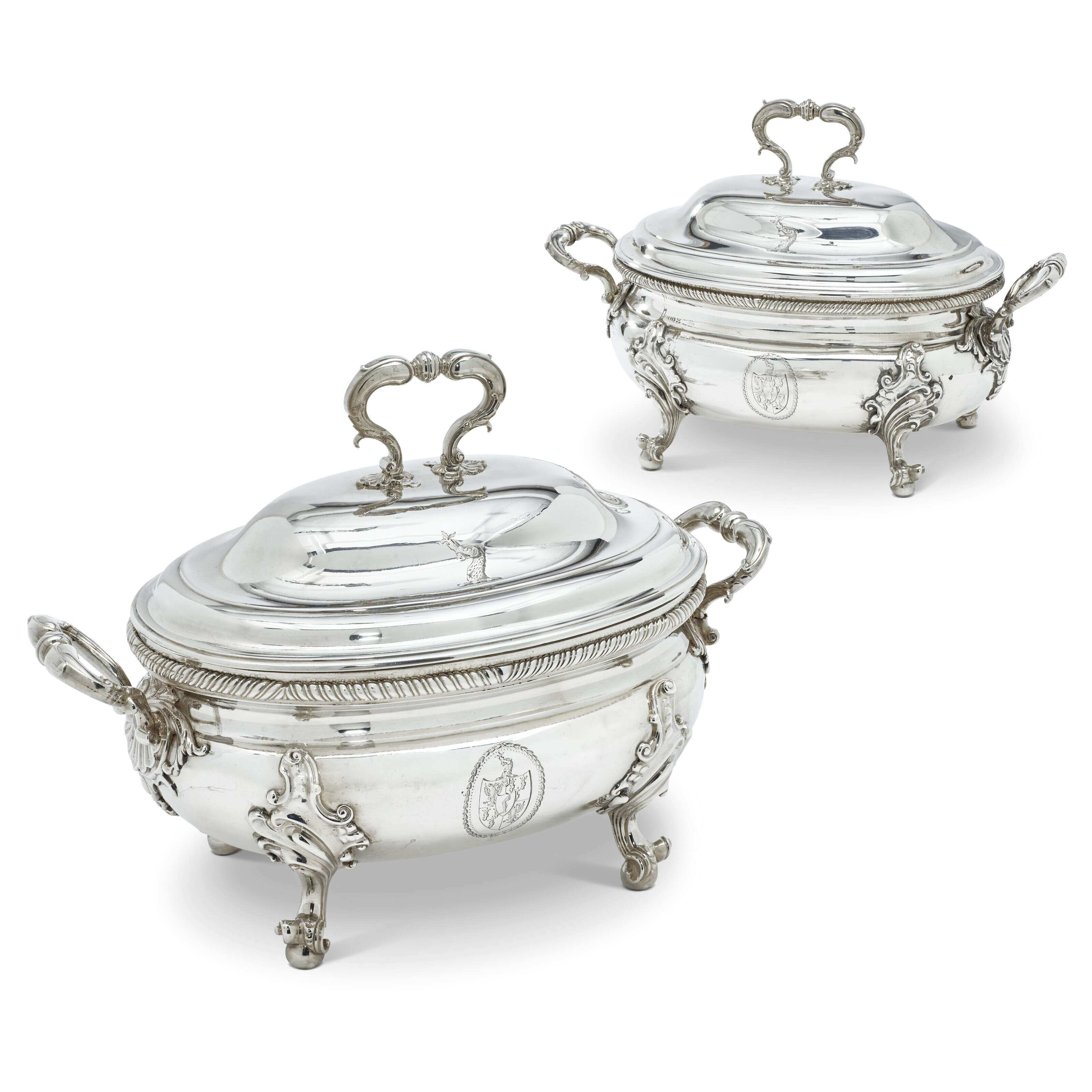 A GEORGE II SILVER SOUP TUREEN AND COVER AND A GEORGE III SOUP TUREEN ...