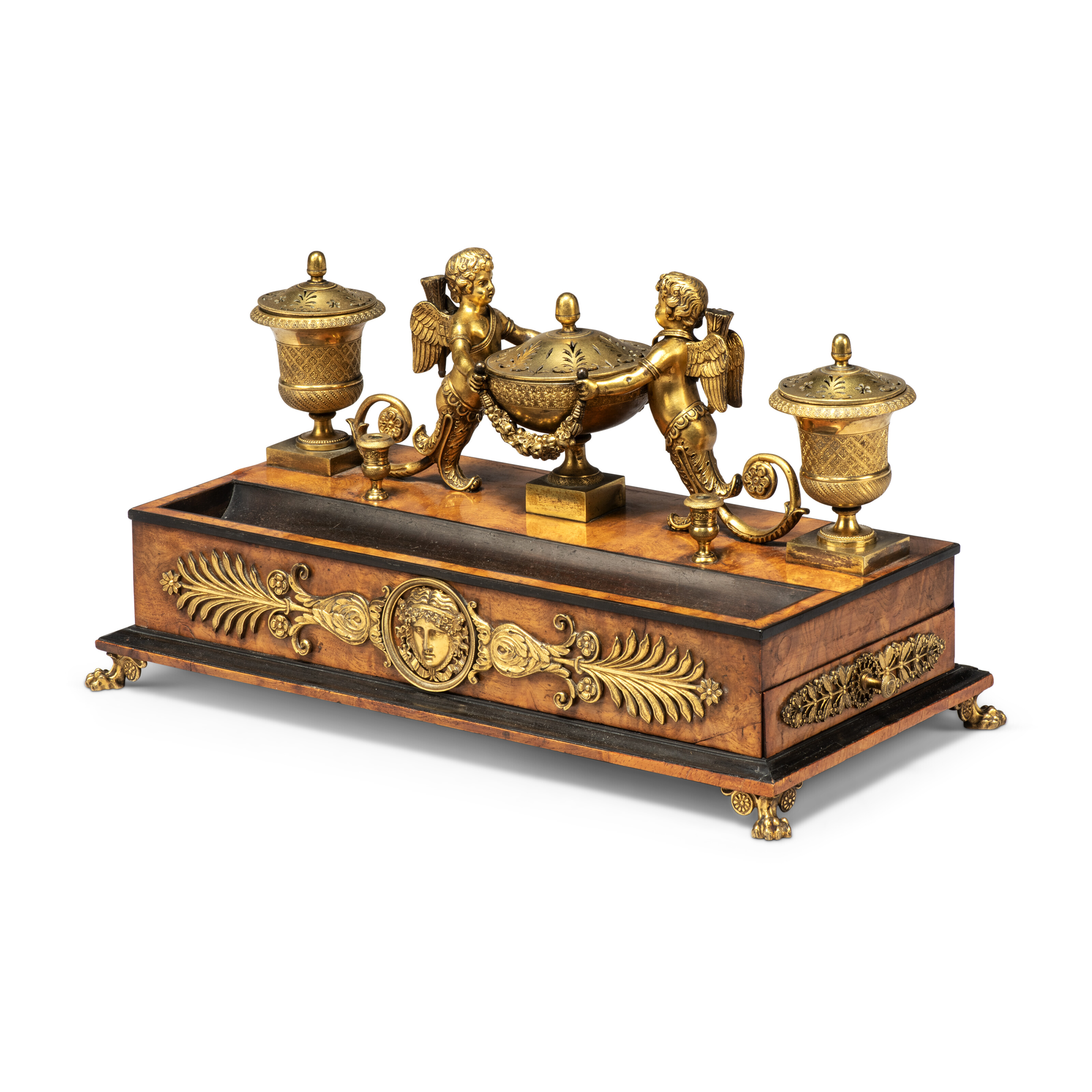 AN EMPIRE ORMOLU-MOUNTED BURR ASH AND EBONY INKSTAND, CIRCA 1815 ...