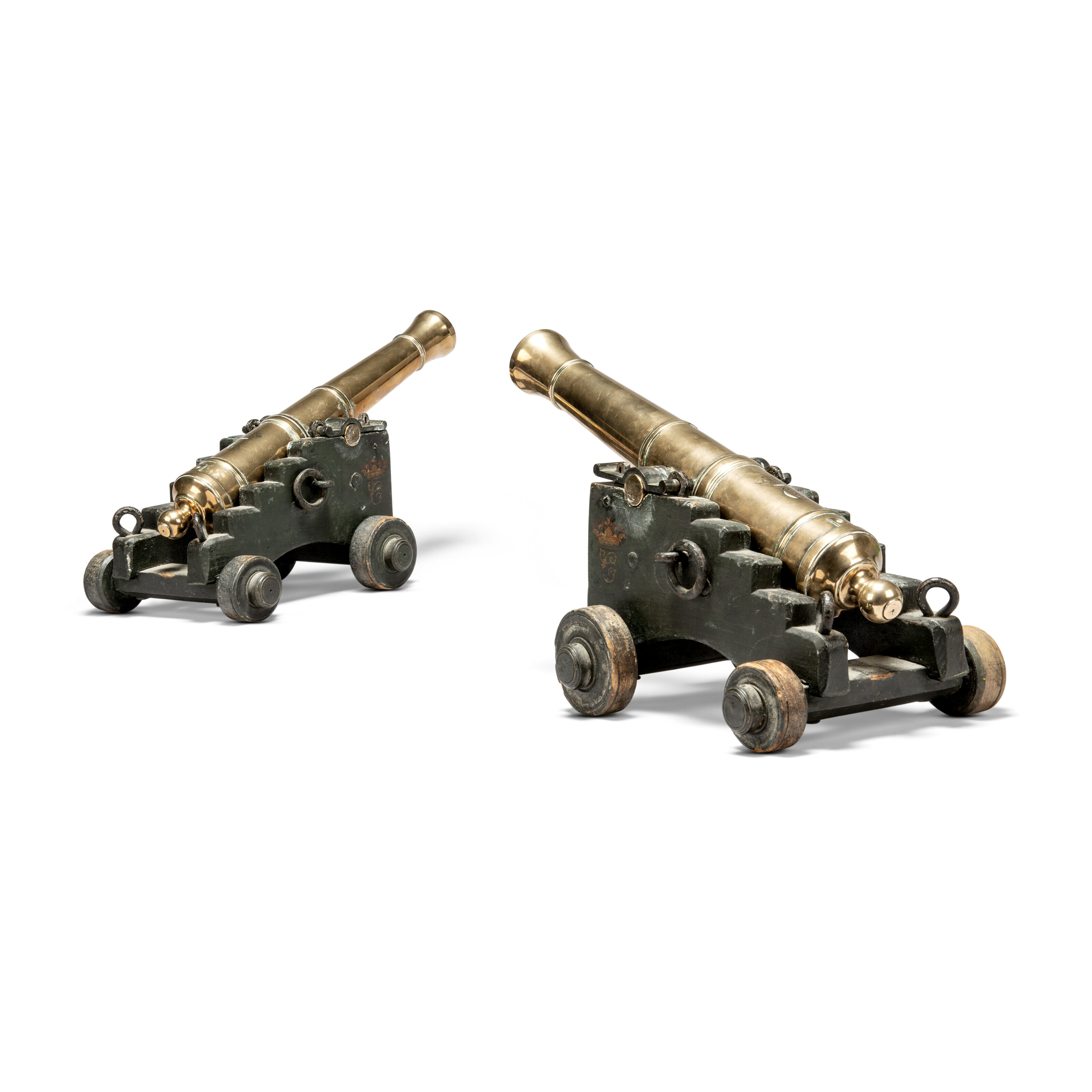 A PAIR OF EARLY VICTORIAN BRONZE AND OAK SALUTING CANNON, SECOND ...