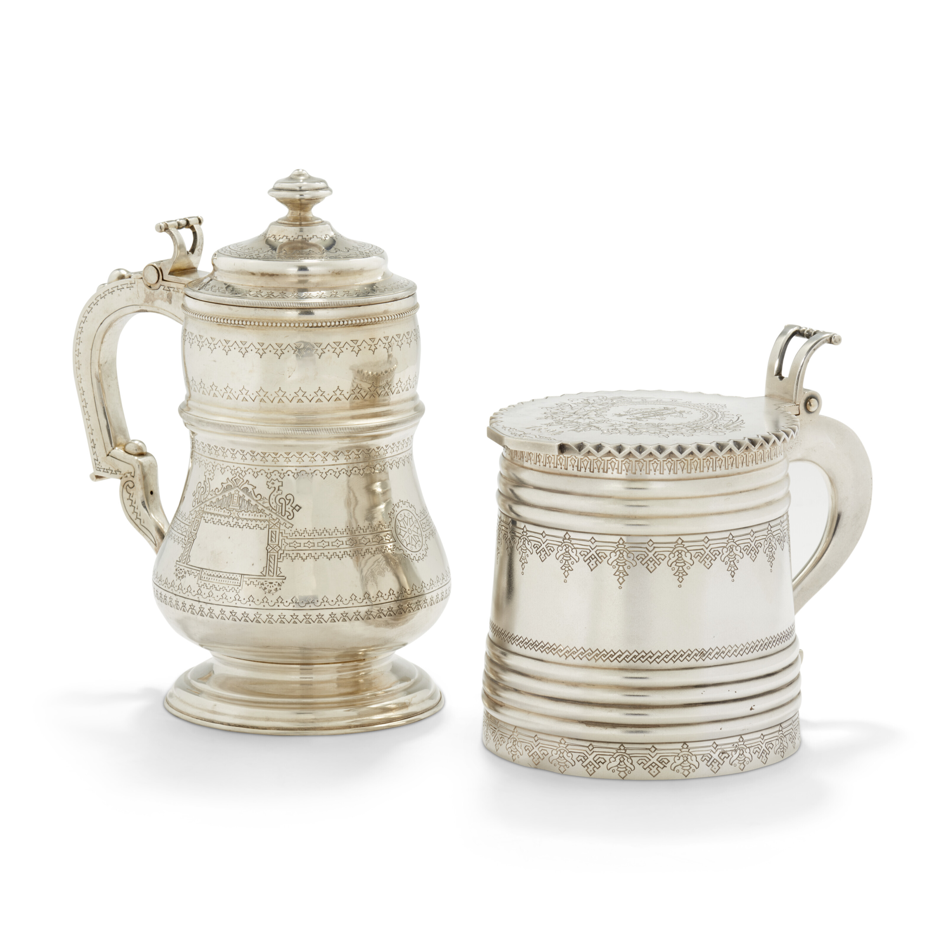 TWO SILVER TANKARDS, THE FIRST, MAKER'S MARK CYRILLIC 'VB', MOSCOW ...