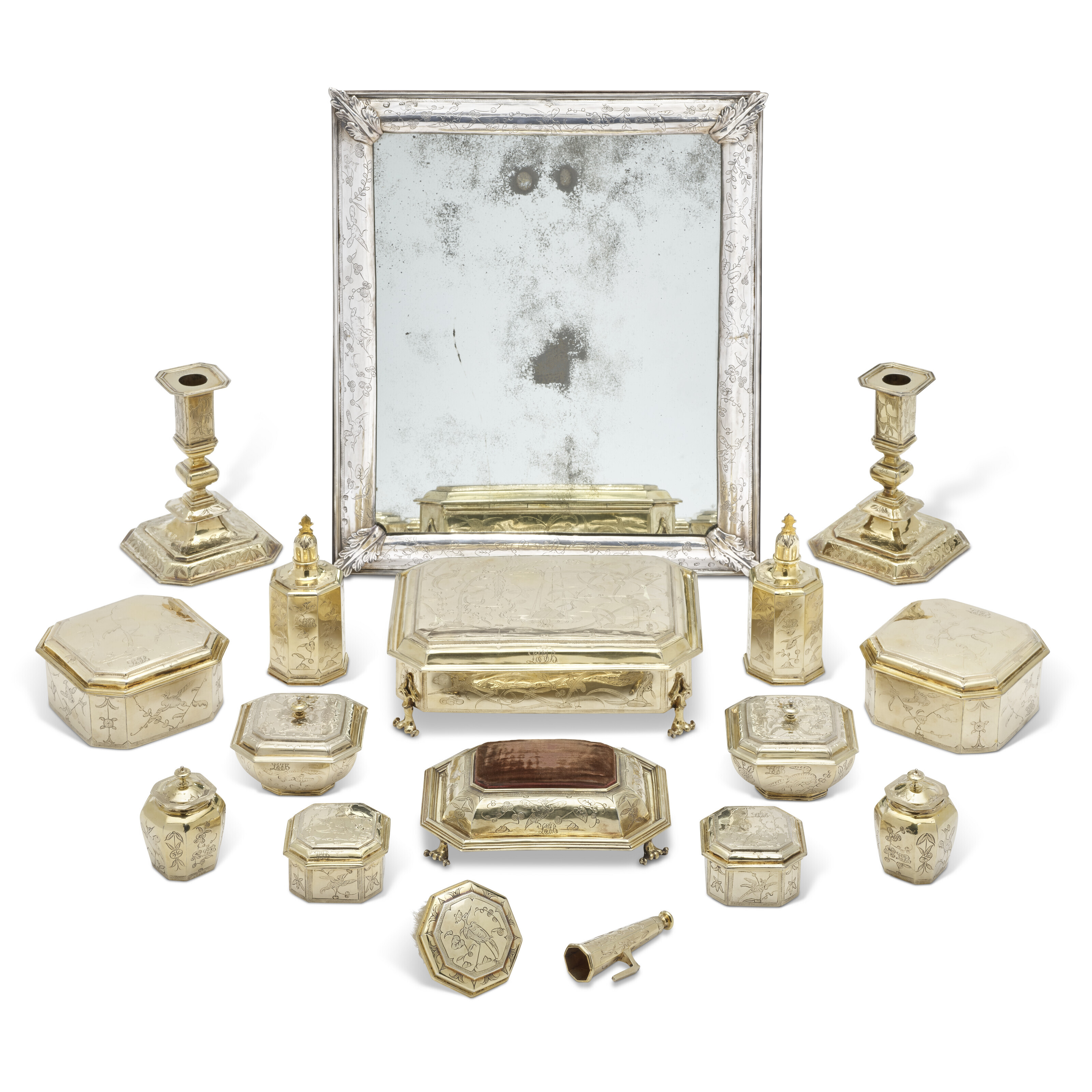A CHARLES II SILVER-GILT DRESSING TABLE SERVICE WITH VICTORIAN ...