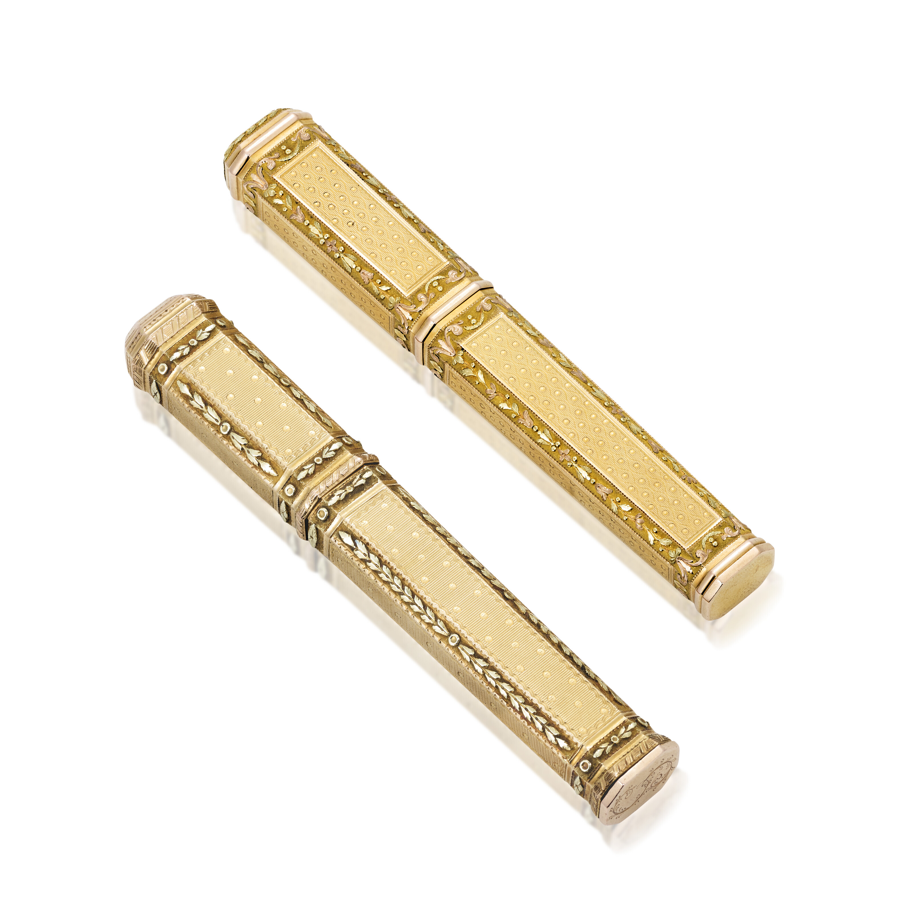 TWO LOUIS XVI THREE-COLOUR GOLD ETUIS, ONE BY CLEMENT DUPONT MARKED ...