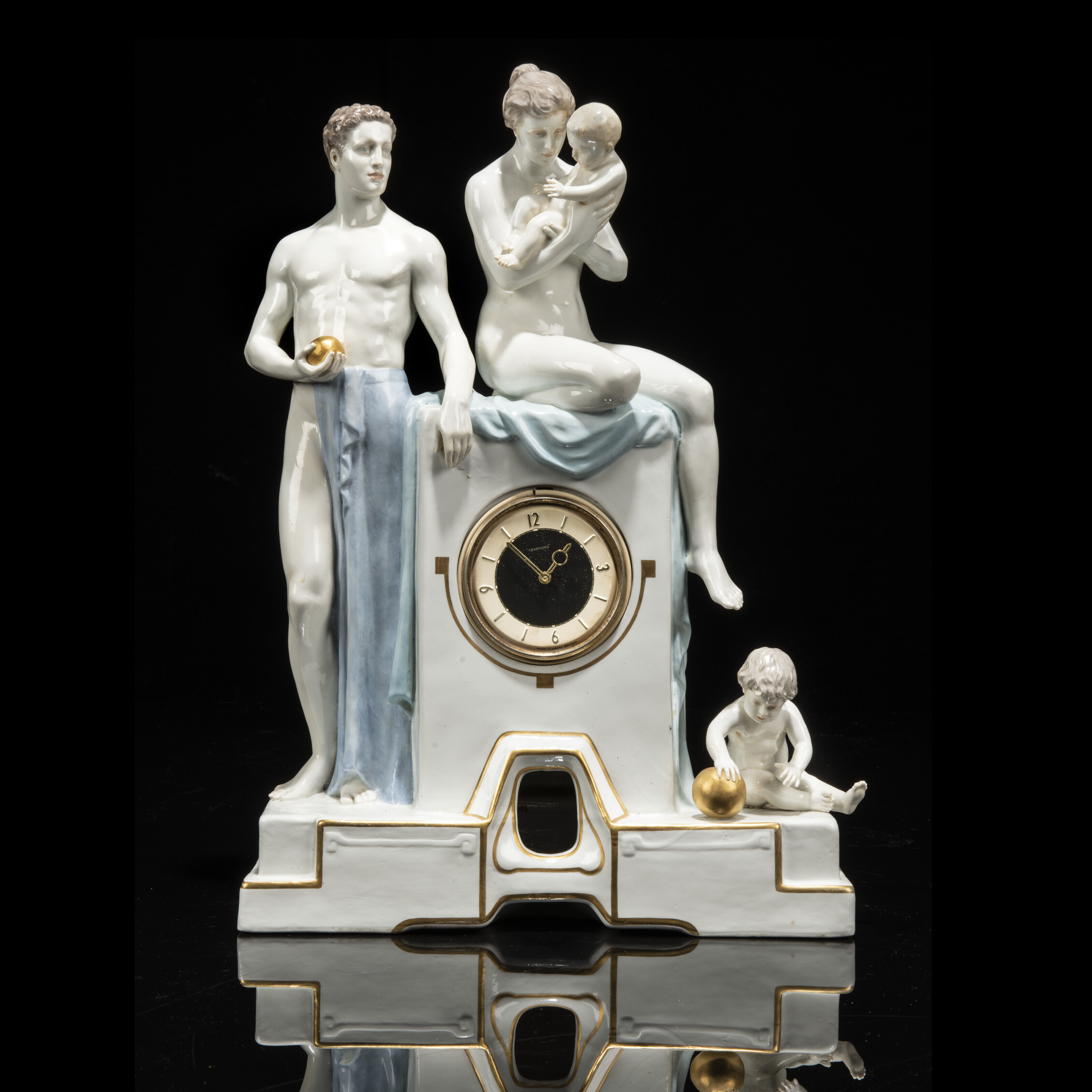 A MEISSEN PORCELAIN MYTHOLOGICAL CLOCK-CASE, CIRCA 1910, BLUE CROSSED ...