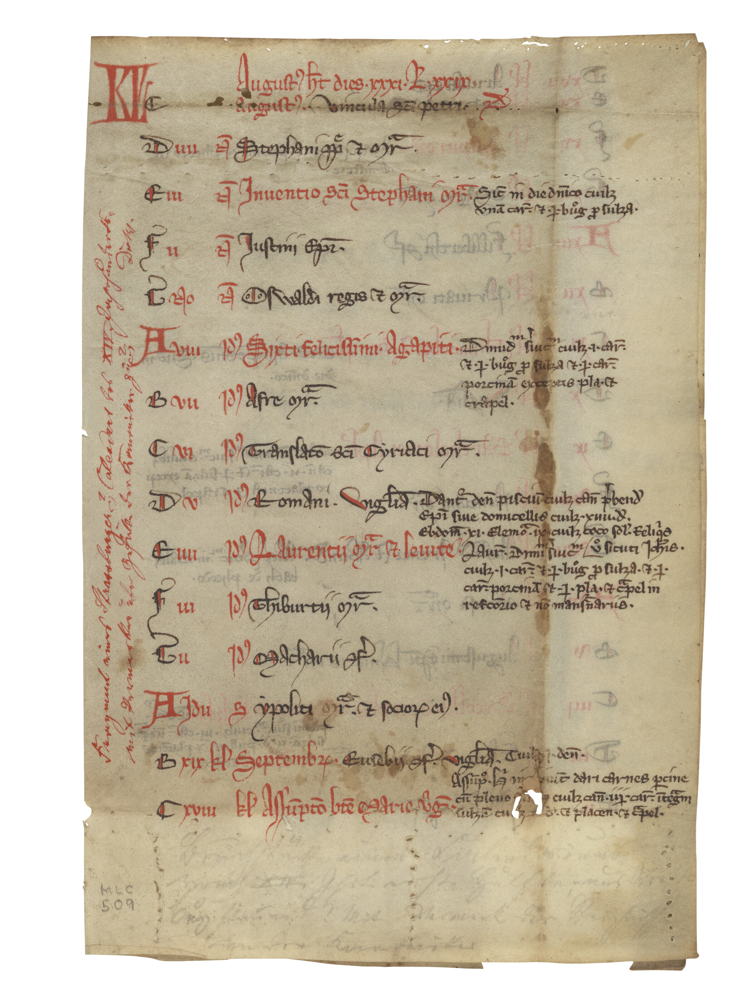 A German culinary calendar, Fragment of a Calendar, in Latin ...