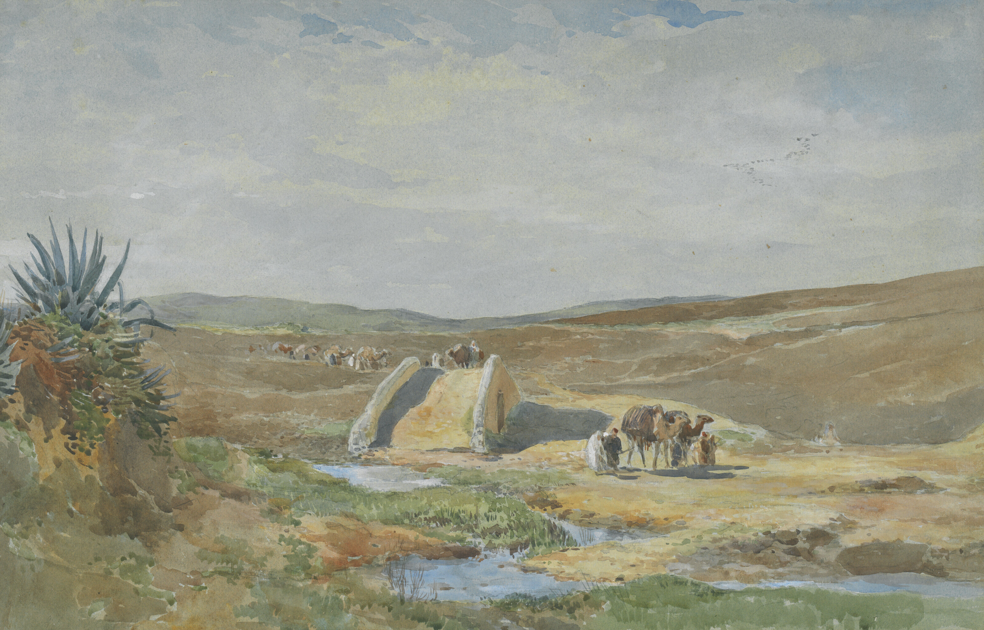 EDWARD ANGELO GOODALL, R.W.S. (LONDON 1819-1908), A caravan by a bridge ...