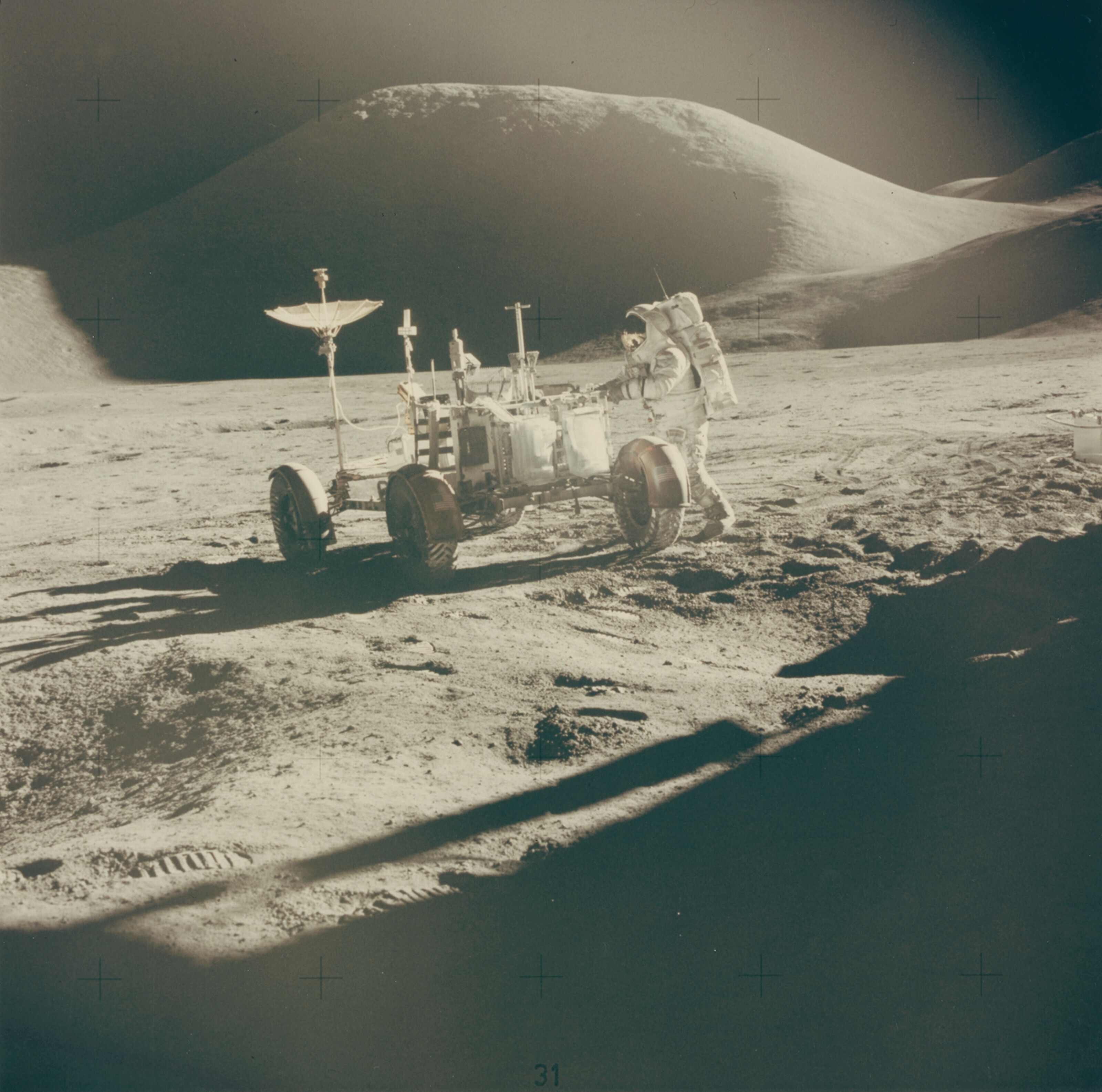 PORTRAIT OF JAMES IRWIN AND THE LUNAR ROVER IN FRONT OF MOUNT HADLEY ...
