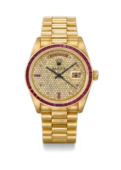 ROLEX. AN EXTREMELY RARE AND HIGHLY ATTRACTIVE 18K GOLD, DIAMOND AND ...