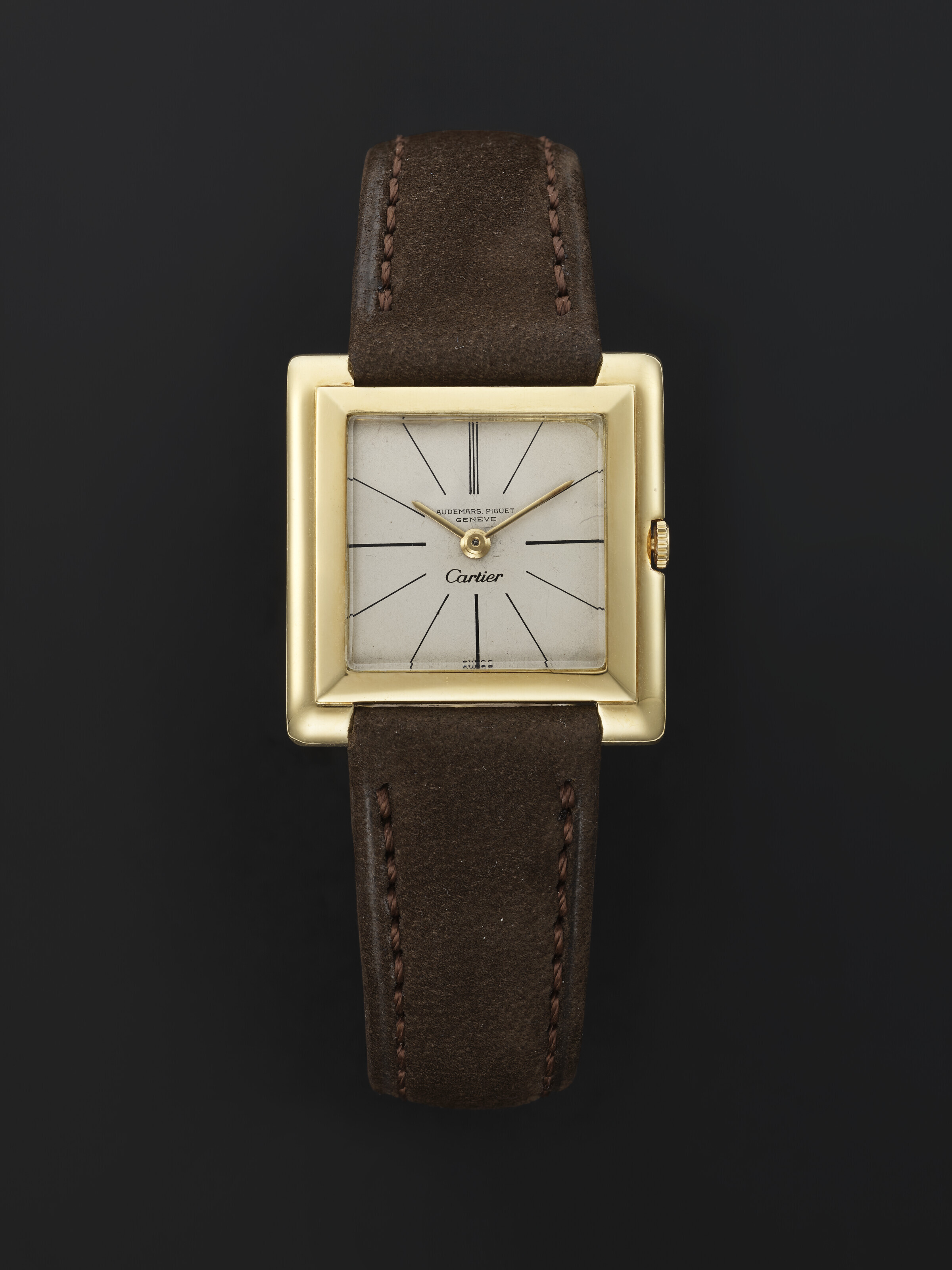AUDEMARS PIGUET, DOUBLE SIGNED 'CARTIER' YELLOW GOLD SQUARE WRISTWATCH ...