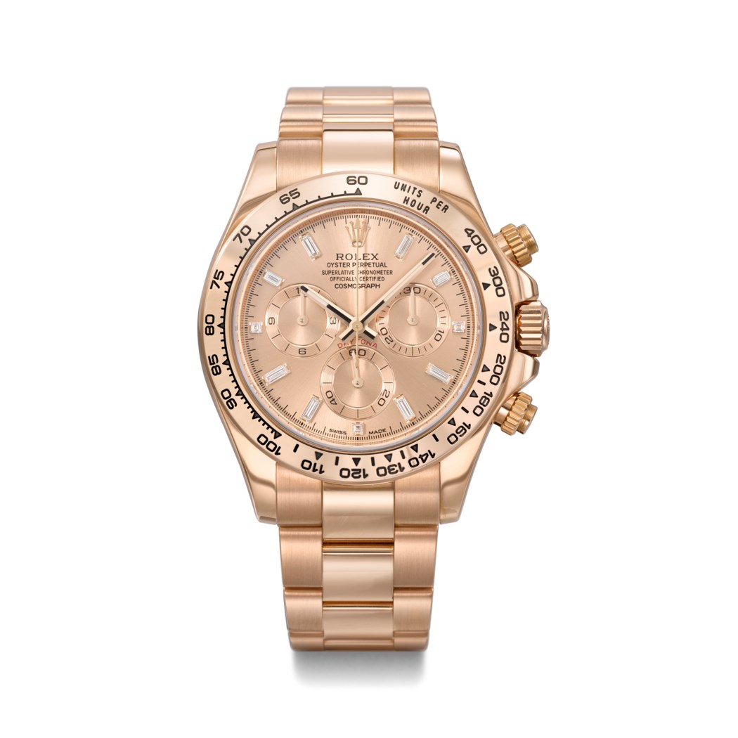 ROLEX. A RARE AND ATTRACTIVE 18K PINK GOLD AND DIAMOND-SET AUTOMATIC ...