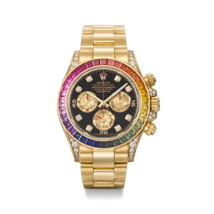 ROLEX. A RARE AND IMPRESSIVE 18K GOLD, DIAMOND AND MULTI-COLOURED ...