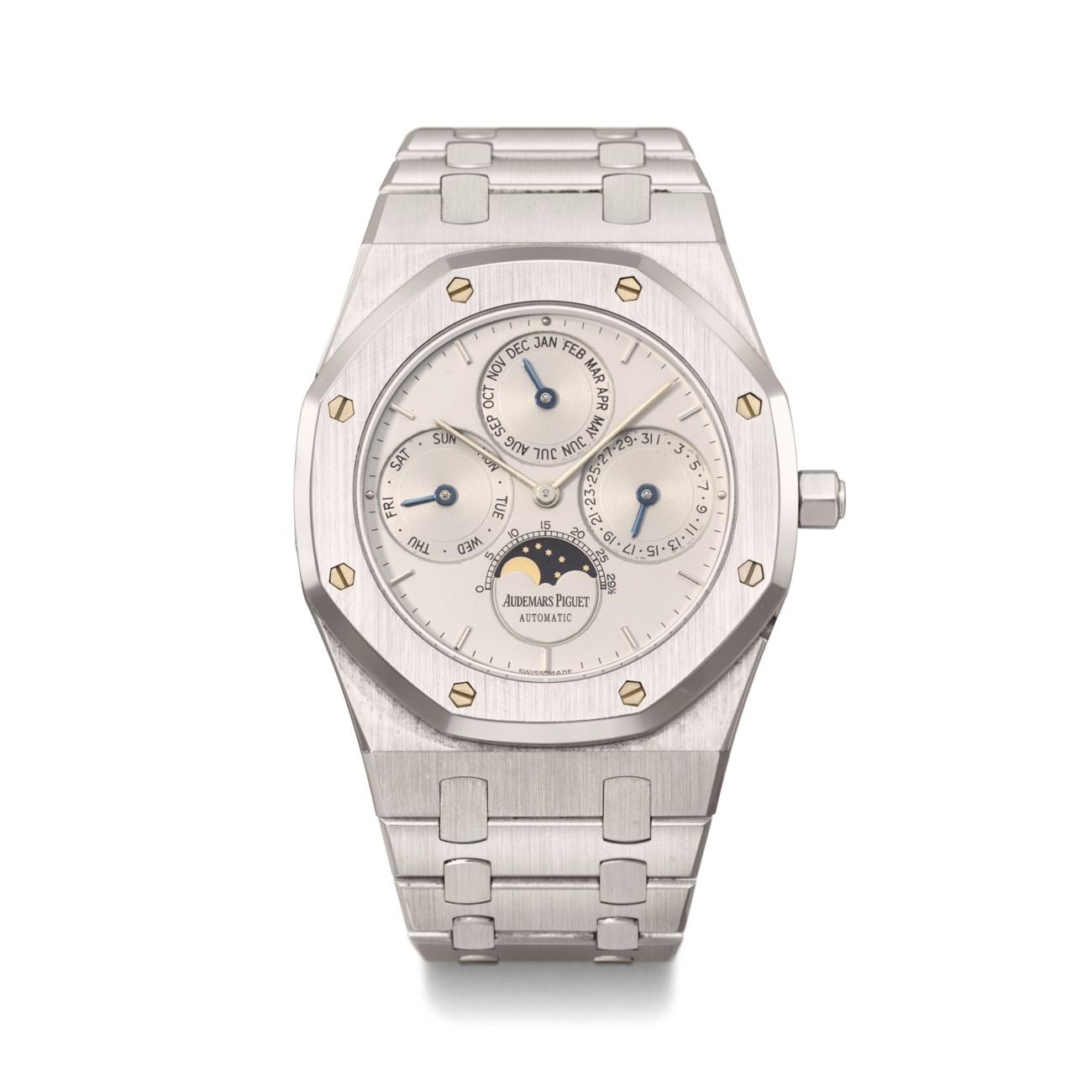 AUDEMARS PIGUET. AN EXTREMELY RARE STAINLESS STEEL AUTOMATIC PERPETUAL ...