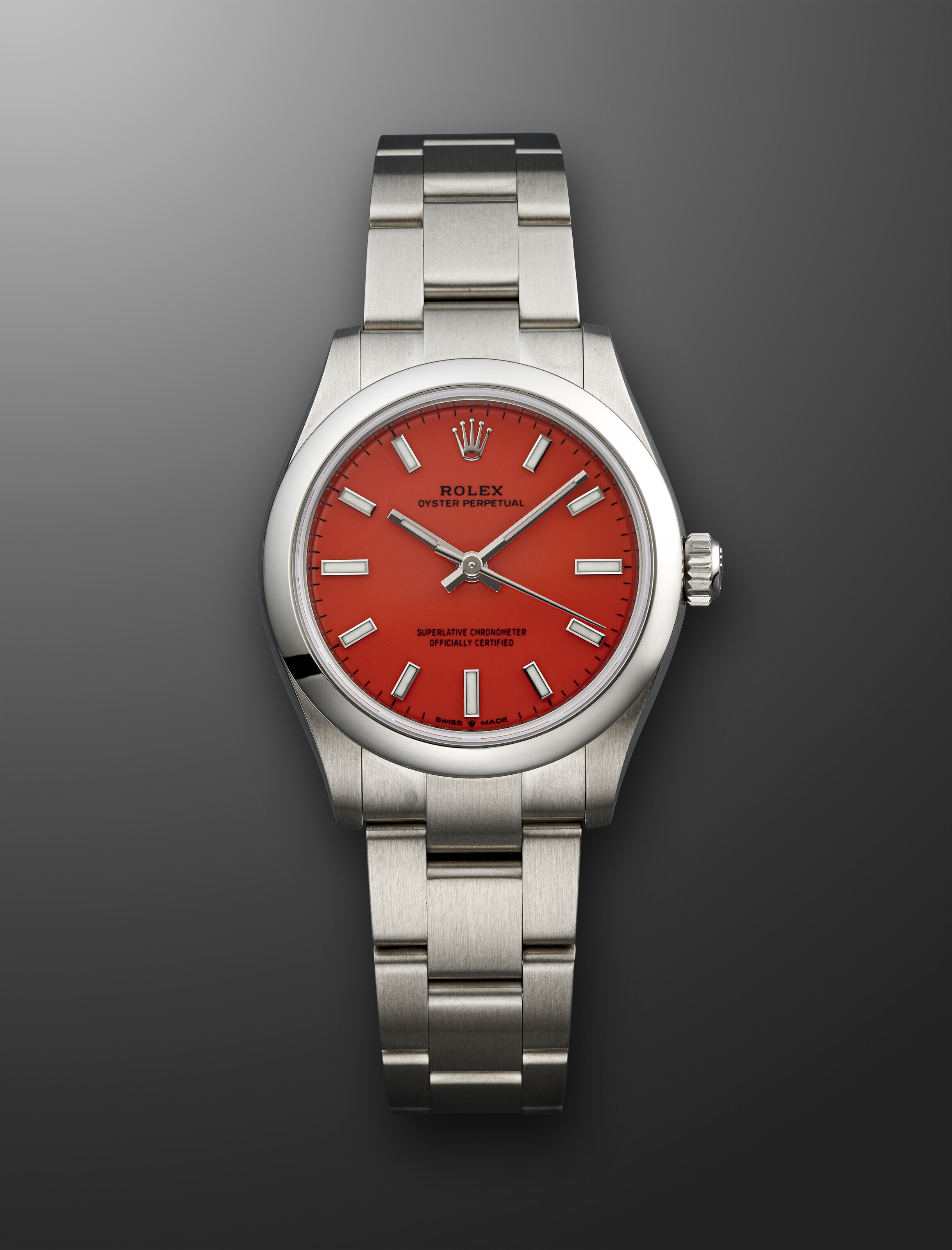 ROLEX, STAINLESS STEEL 'OYSTER PERPETUAL' WITH CORAL RED DIAL, REF ...