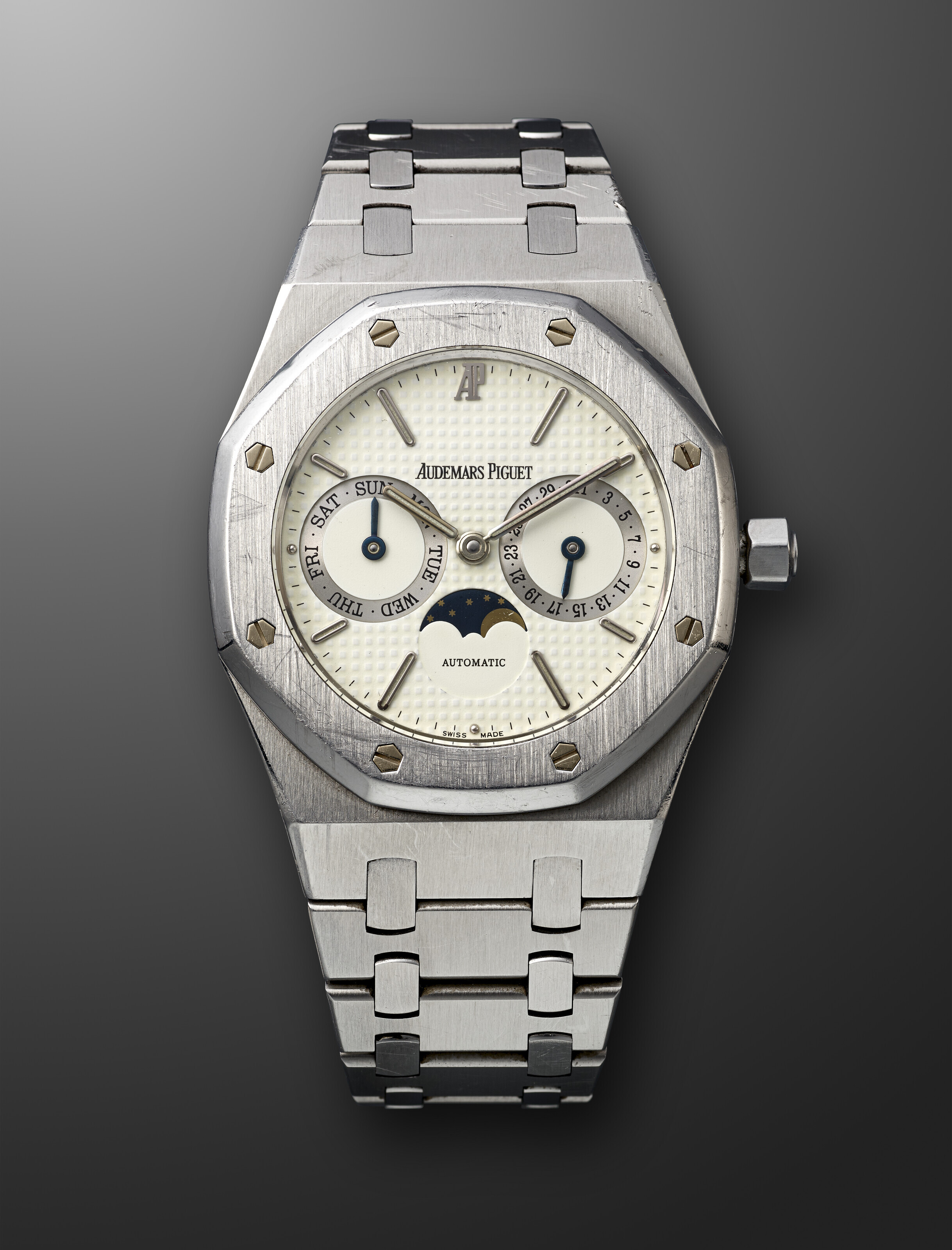 AUDEMARS PIGUET, STAINLESS STEEL DAY-DATE WITH MOON PHASES ROYAL OAK ...