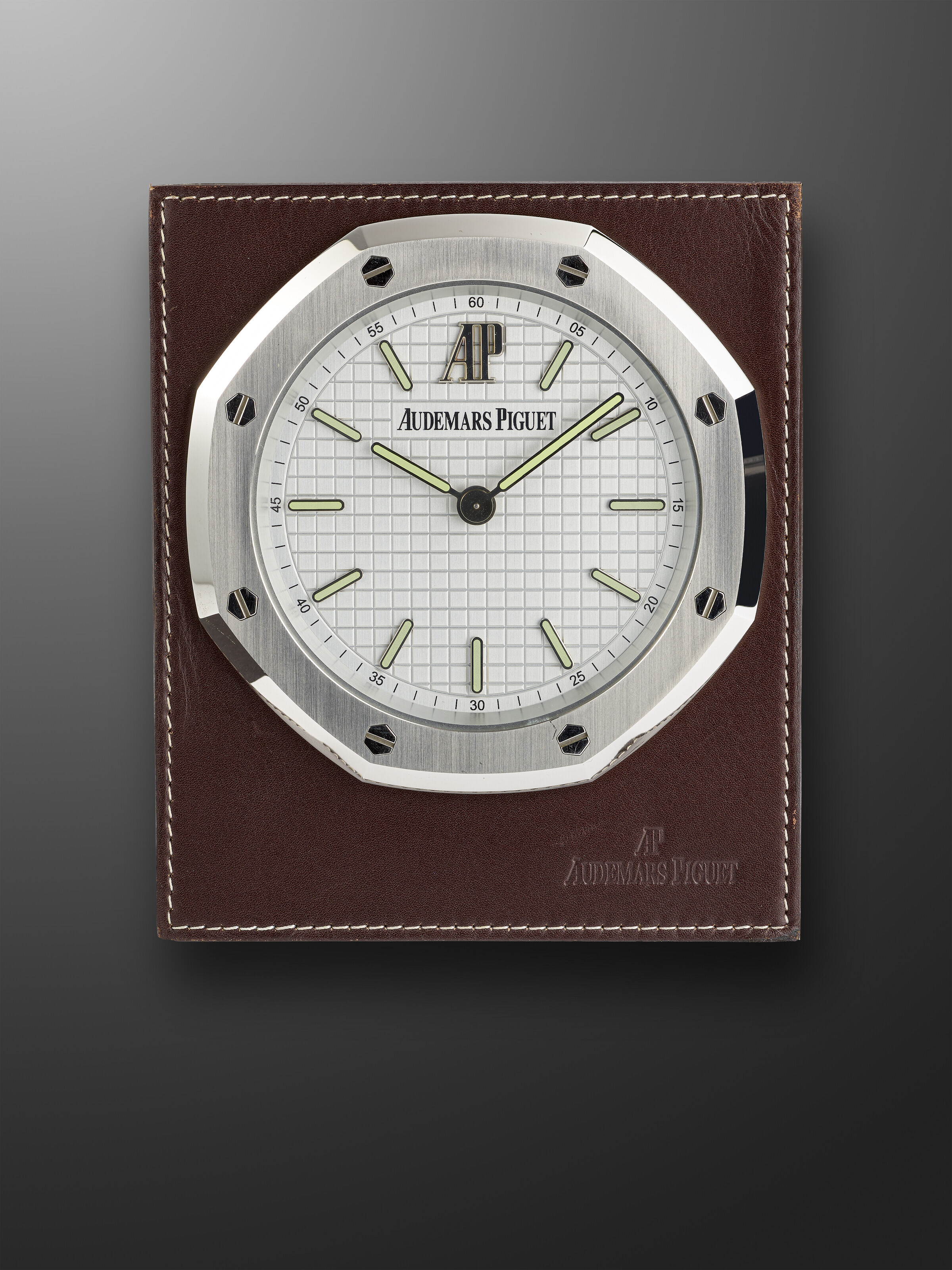 AUDEMARS PIGUET, STAINLESS STEEL AND LEATHER 'ROYAL OAK' DESK CLOCK ...