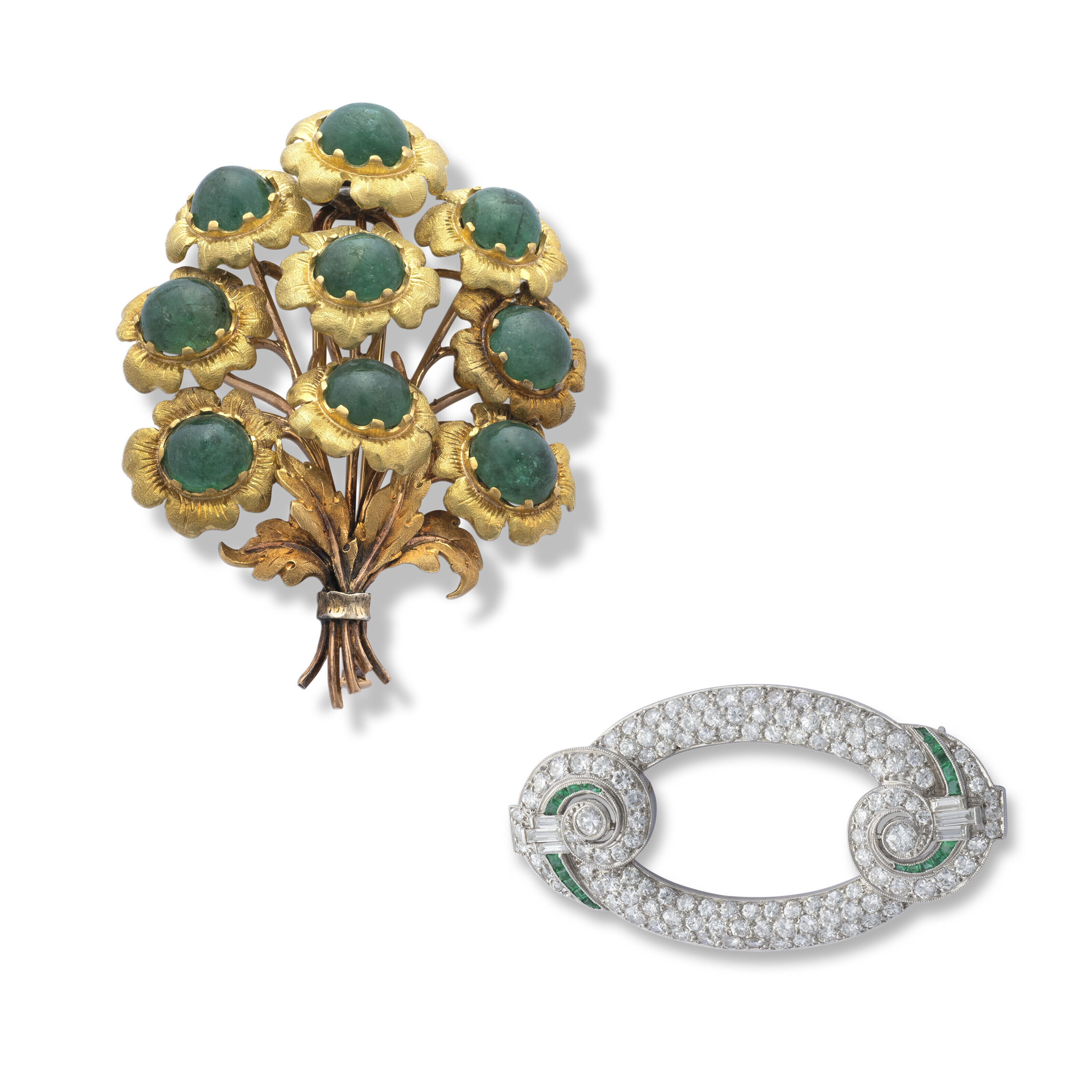 NO RESERVE | BUCCELLATI EMERALD FLOWER BROOCH AND UNSIGNED ART DECO ...