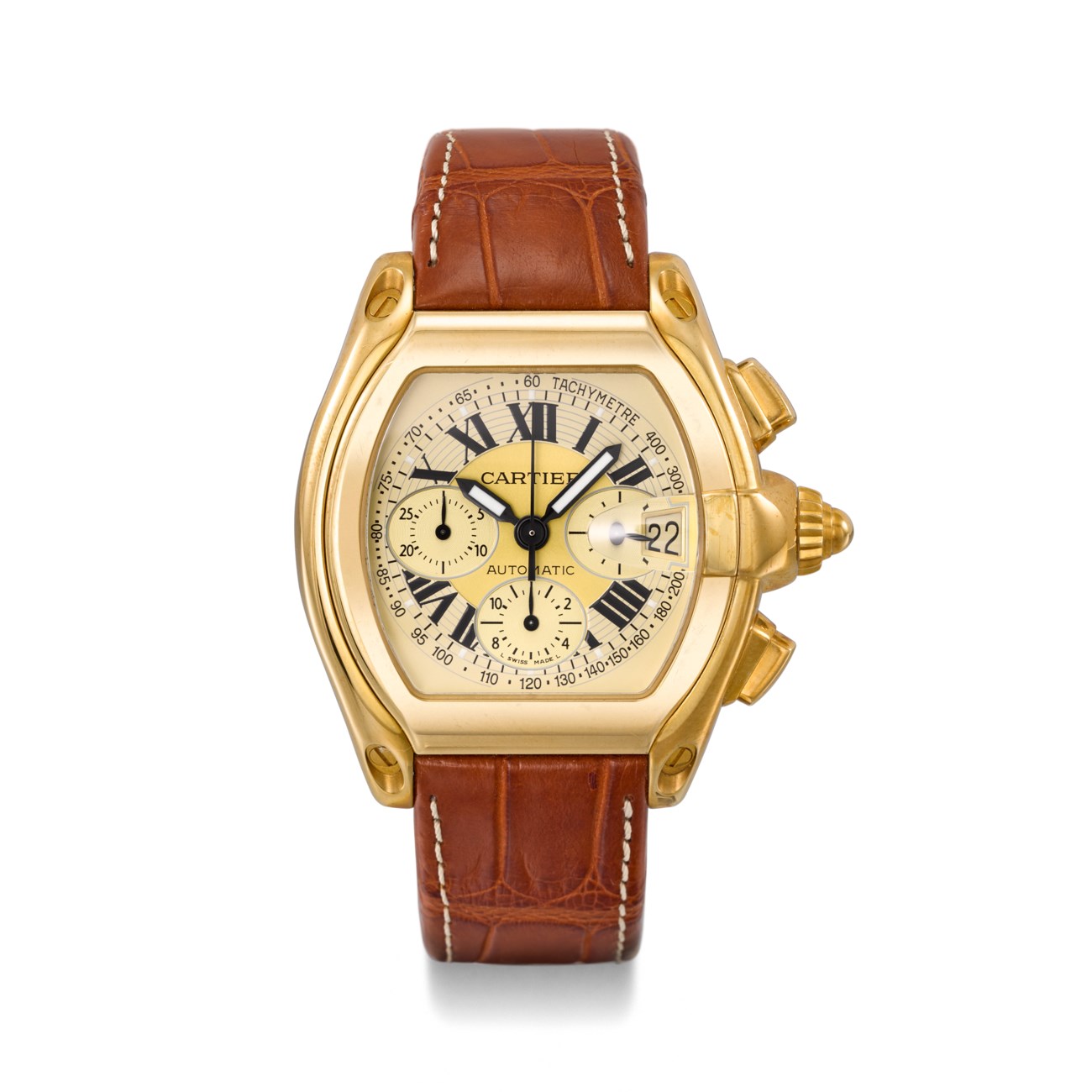 CARTIER. A LARGE 18K GOLD AUTOMATIC CHRONOGRAPH WRISTWATCH WITH DATE ...