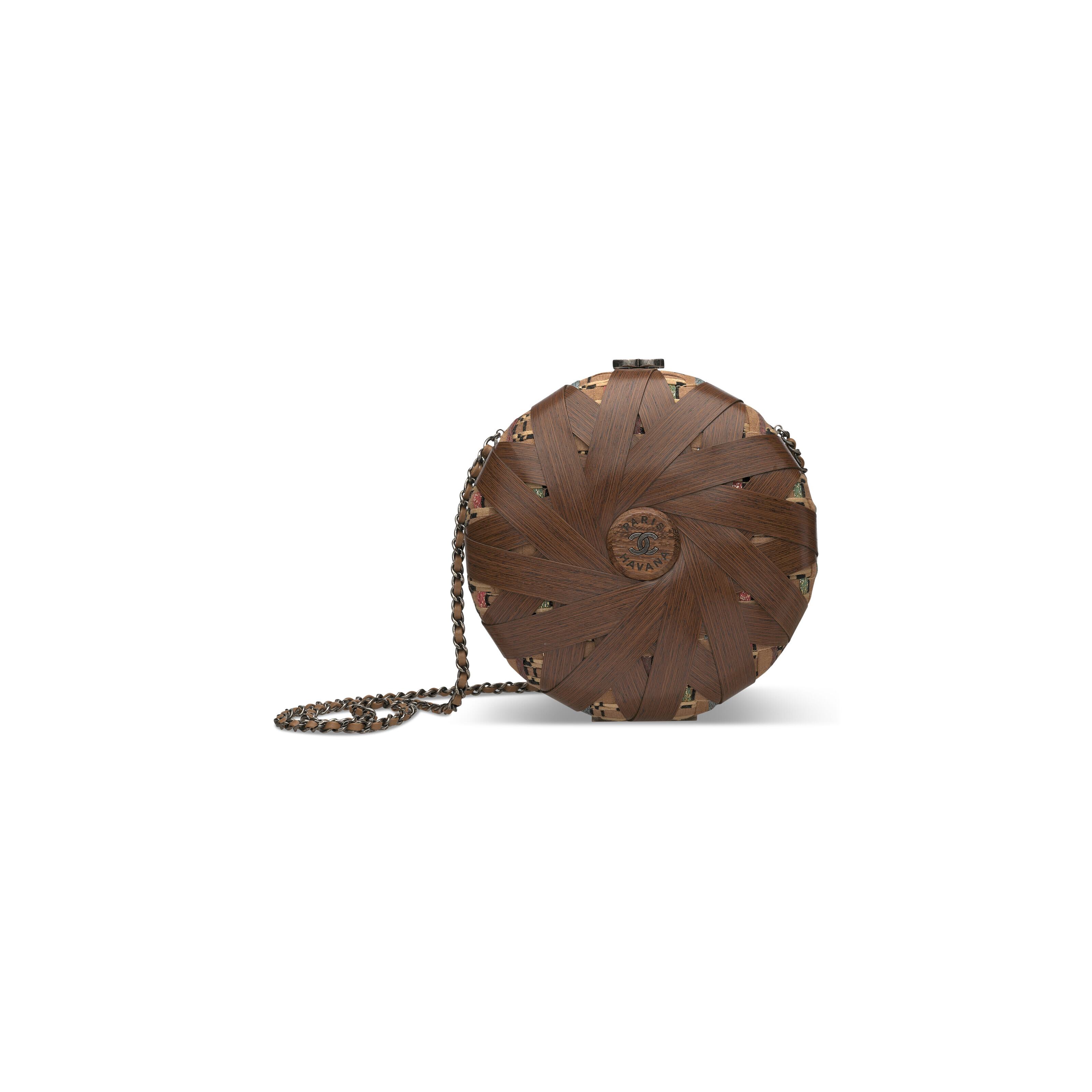 A RUNWAY HAVANA BY NIGHT ROUND CLUTCH BAG WITH RUTHÉNIUM HARDWARE ...